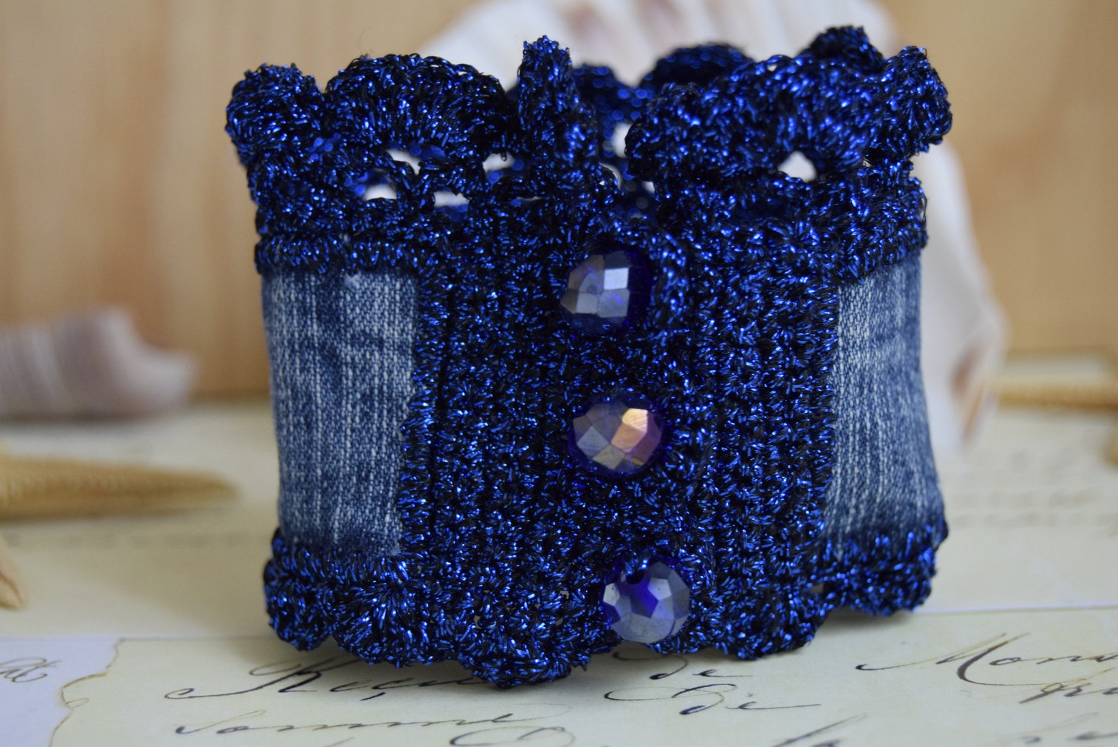 Denim Bracelet,hand Knitted Lace,upcxycled Handmade Denim, Jeans ...