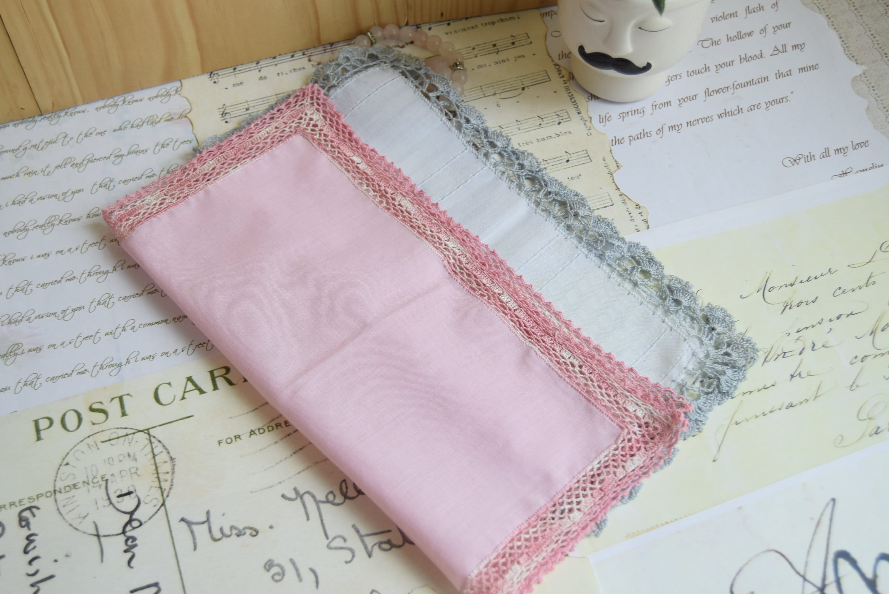 Colored Handkerchiefs,set of 2,hand Knitted Lace,cotton Fabric With ...