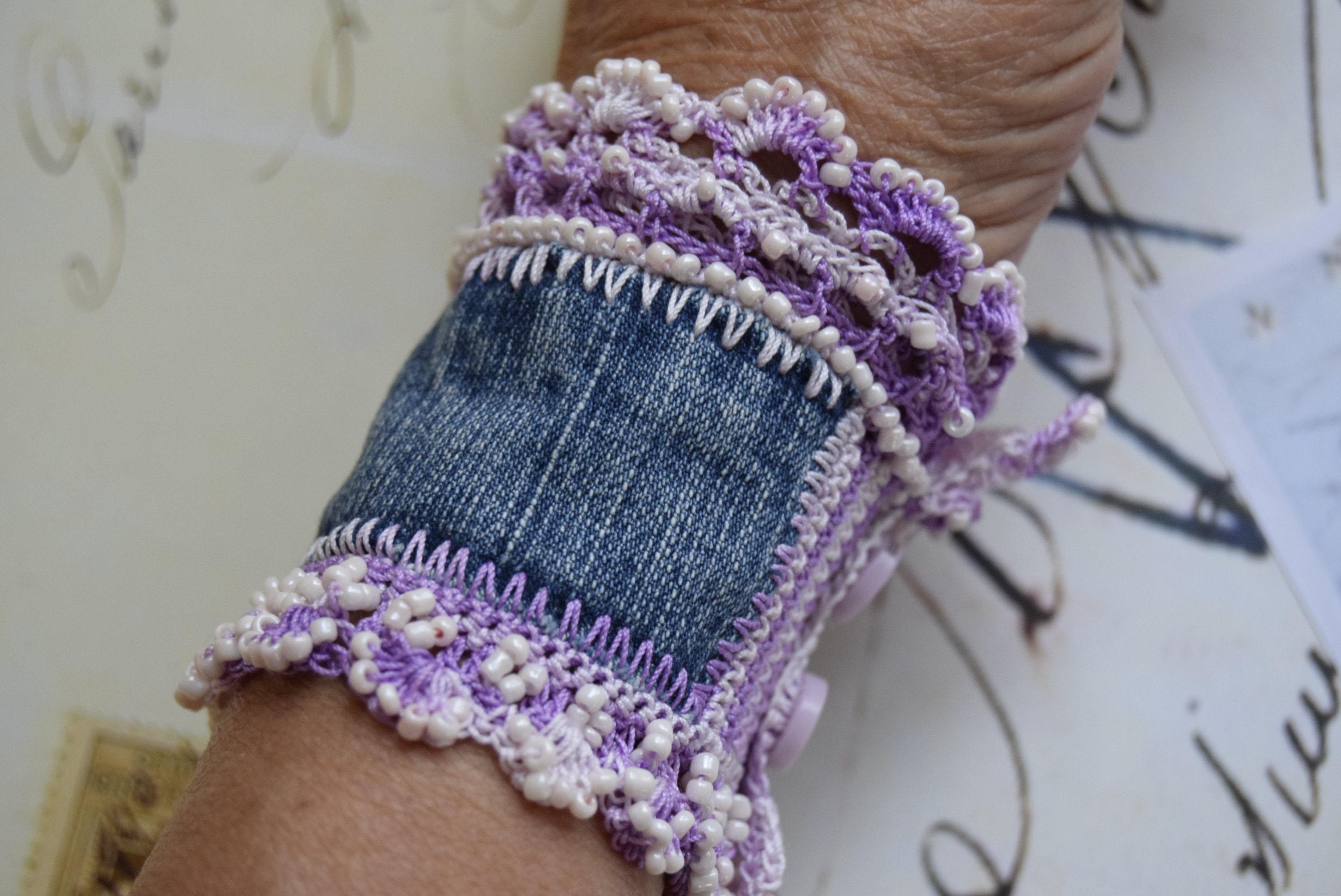 Denim Bracelet,hand Knitted Lace,upcxycled Handmade Denim, Jeans ...