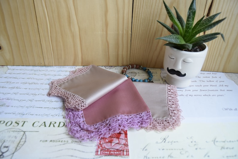 Colored Handkerchiefs,set of 3,hand Knitted Lace,vintage Silk With Lace ...