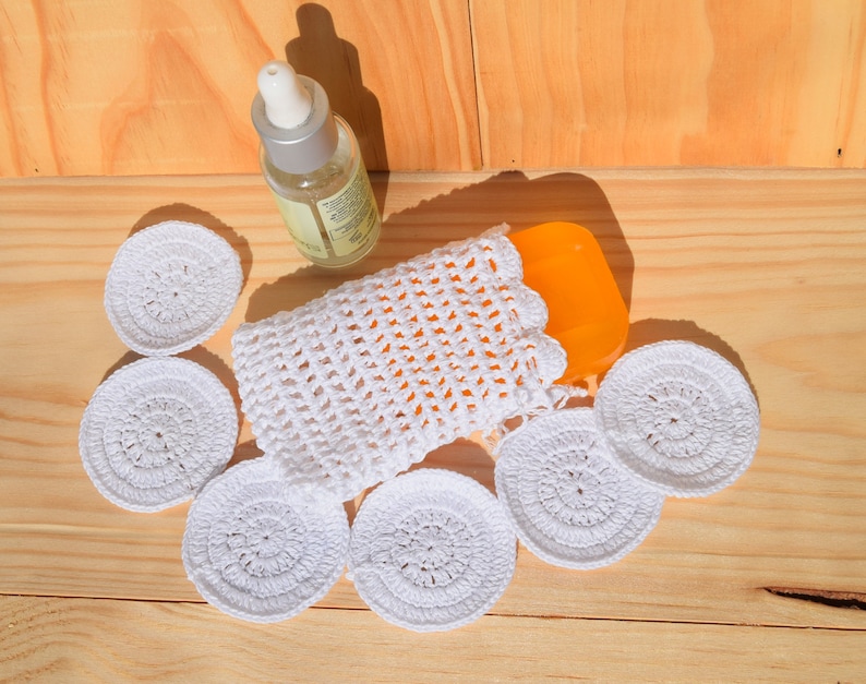 Cotton Face Pads, Set of 6, Face Scrubbies, Crocheted Laundry Bag ...