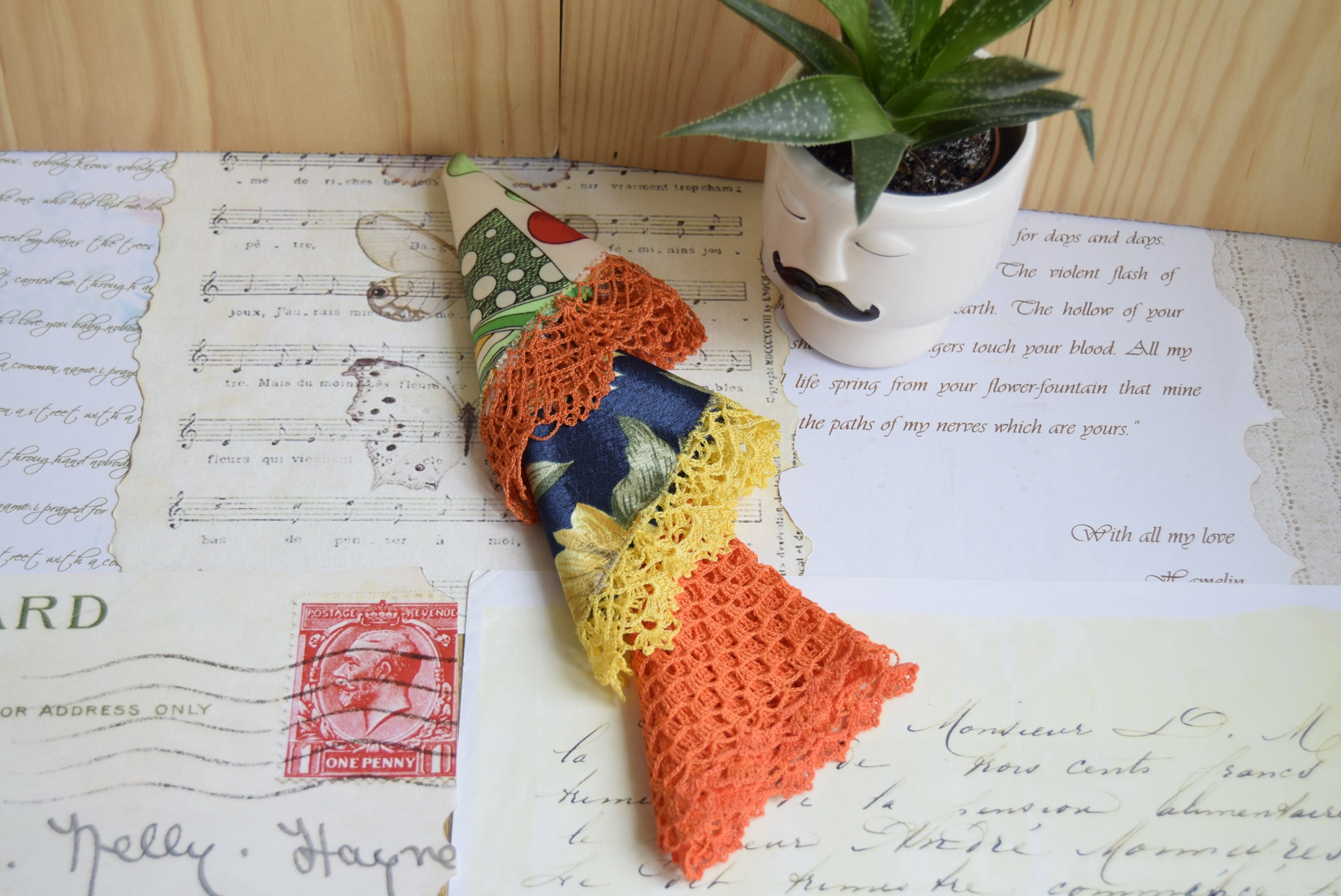 Colored Handkerchiefs,set of 3,hand Knitted Lace,colored Satin With ...