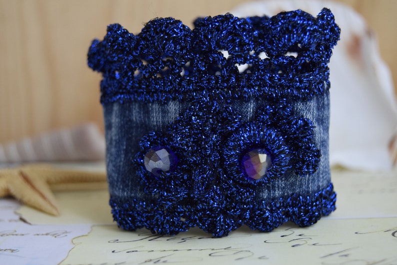 Denim Bracelet,hand Knitted Lace,upcxycled Handmade Denim, Jeans ...