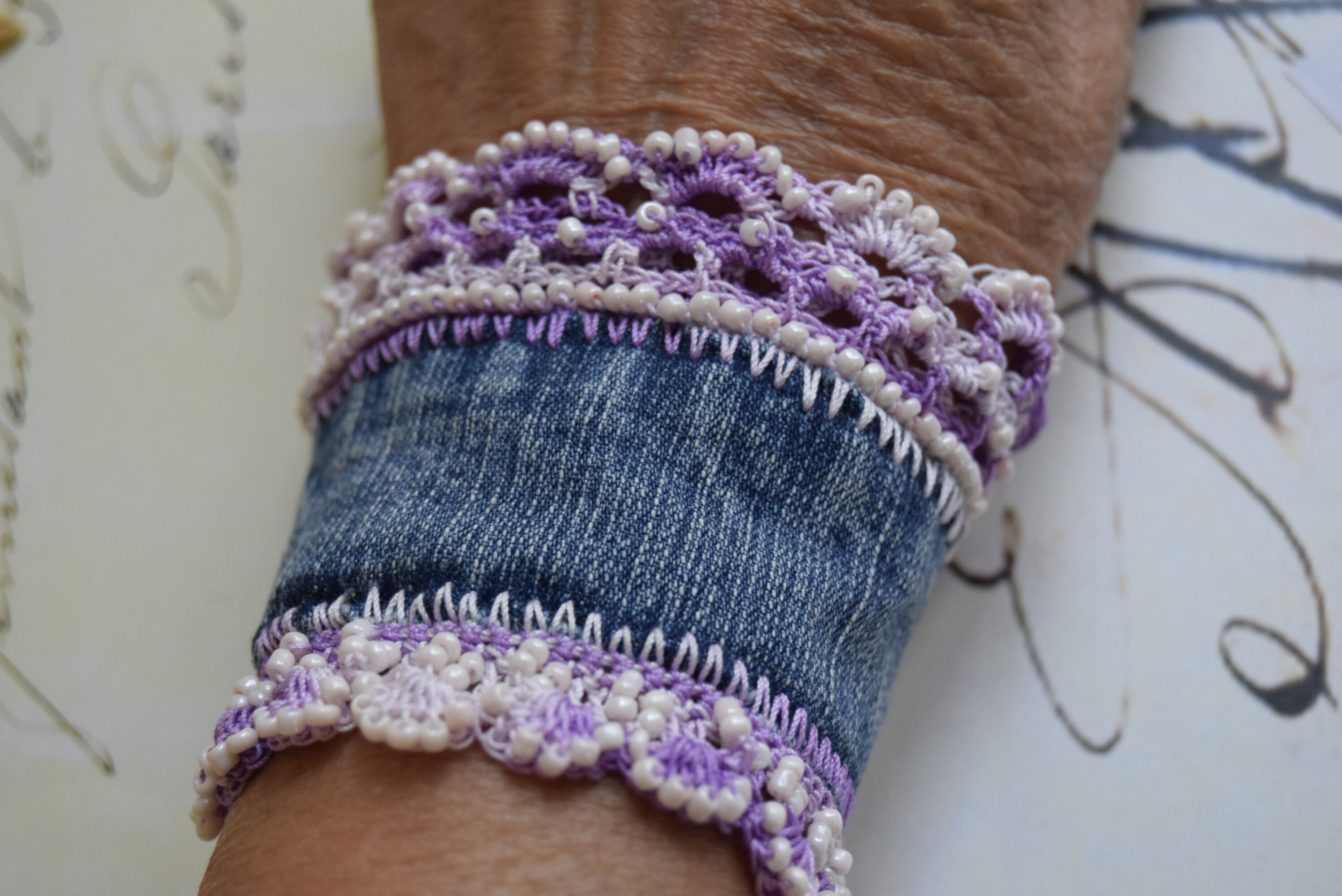 Denim Bracelet,hand Knitted Lace,upcxycled Handmade Denim, Jeans ...