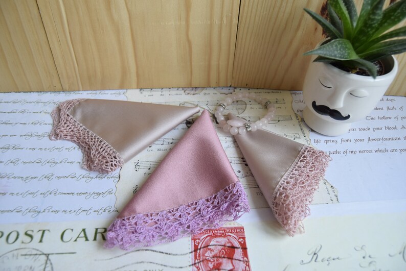 Colored Handkerchiefs,set of 3,hand Knitted Lace,vintage Silk With Lace ...
