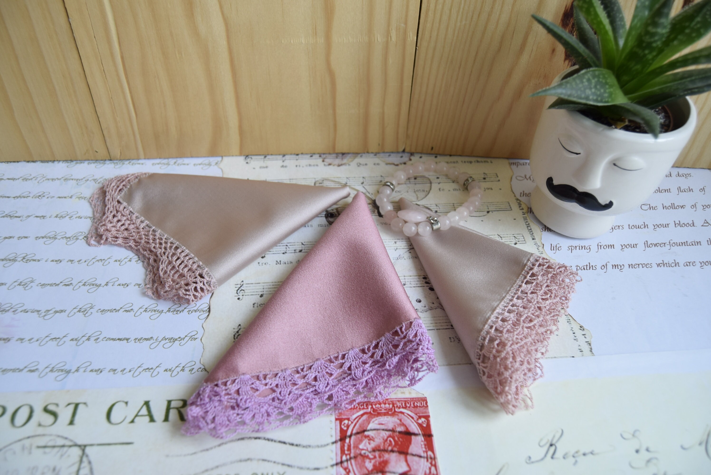 Colored Handkerchiefs,set of 3,hand Knitted Lace,vintage Silk With Lace ...