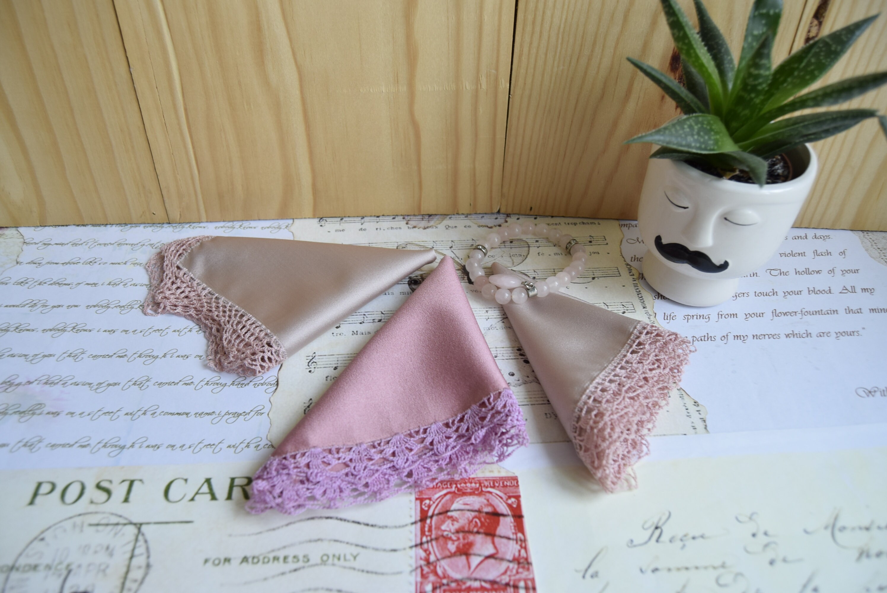 Colored Handkerchiefs,set of 3,hand Knitted Lace,vintage Silk With Lace ...