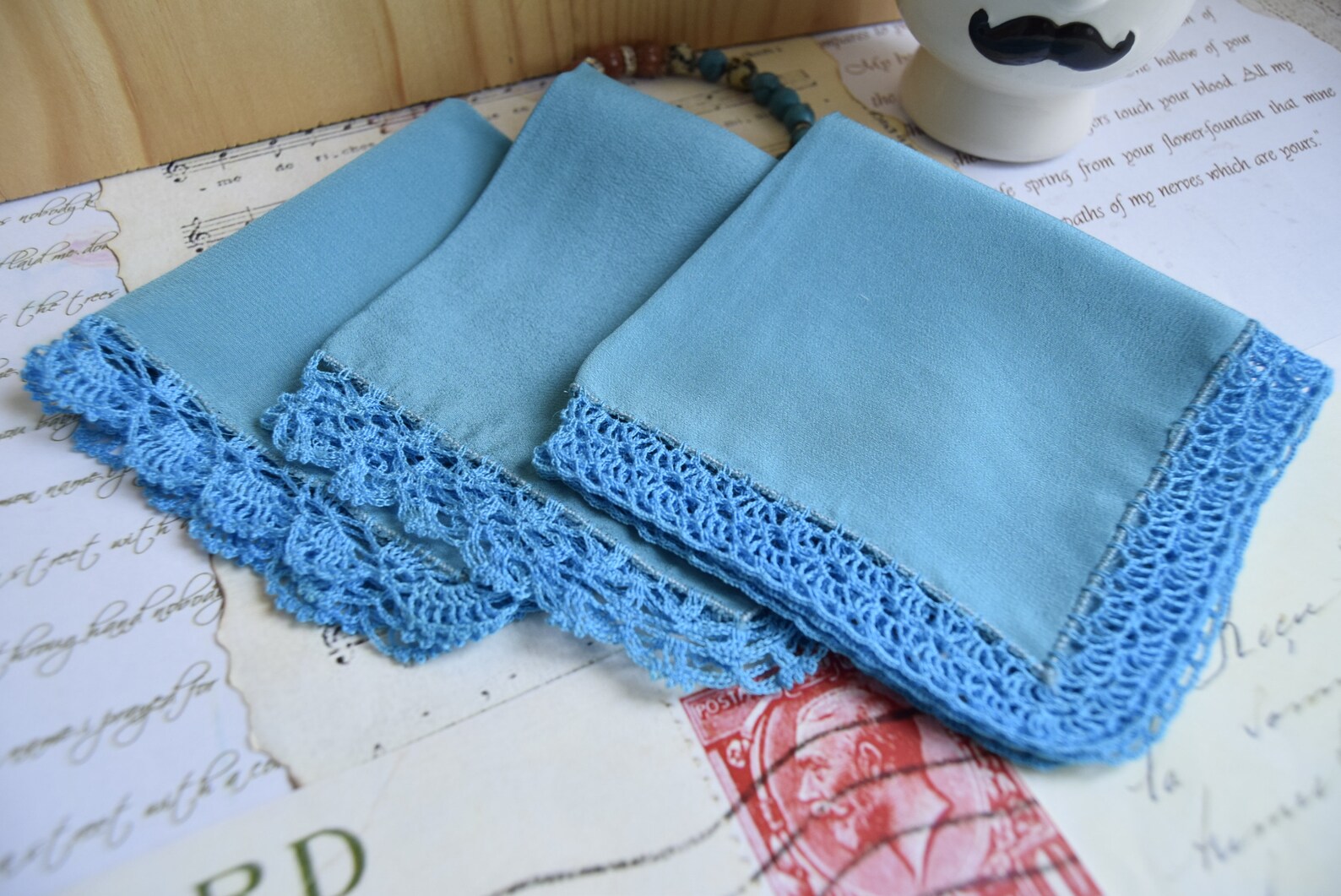 Colored Handkerchiefs,set of 3,hand Knitted Lace,vintage Silk With Lace ...