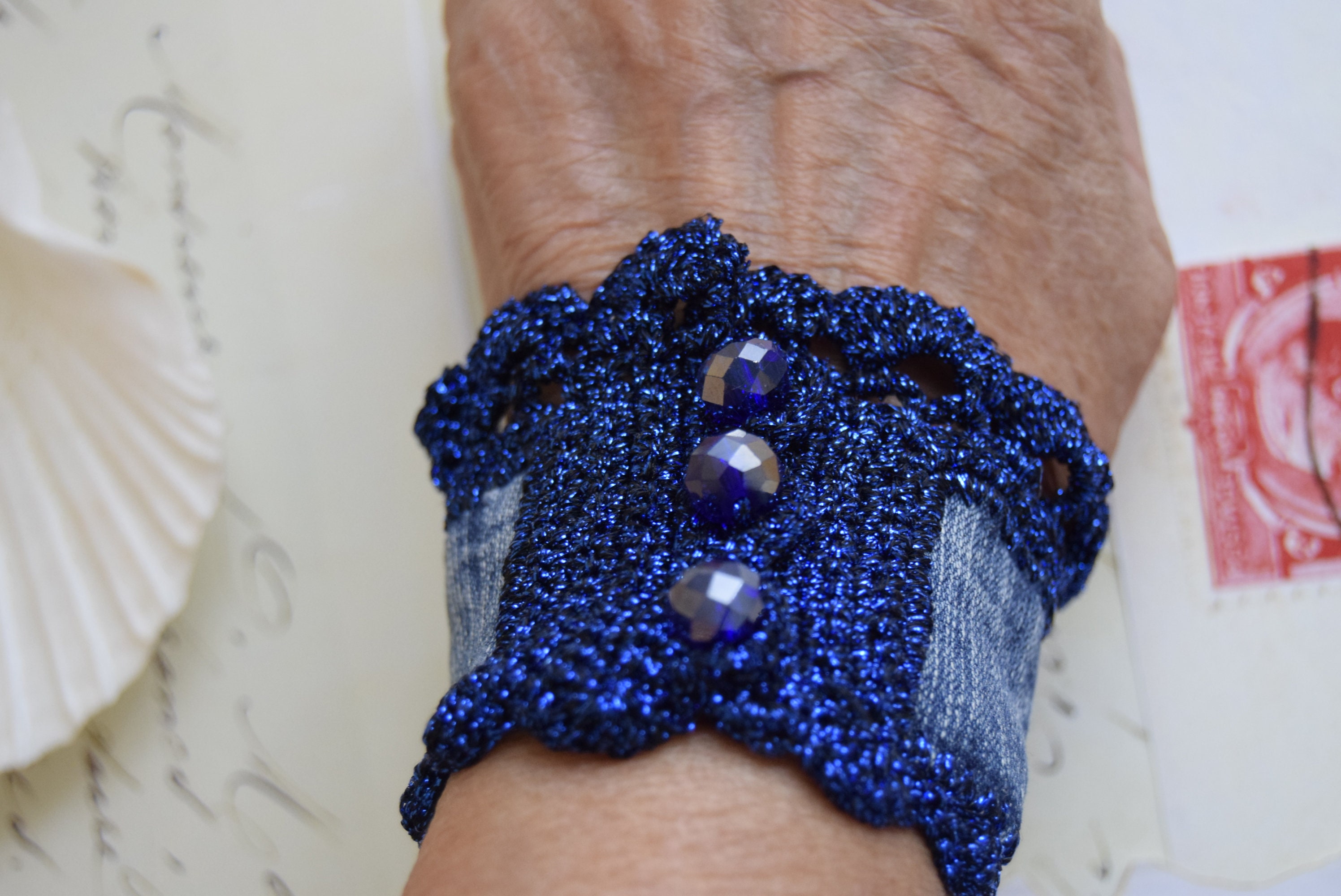 Denim Bracelet,hand Knitted Lace,upcxycled Handmade Denim, Jeans ...
