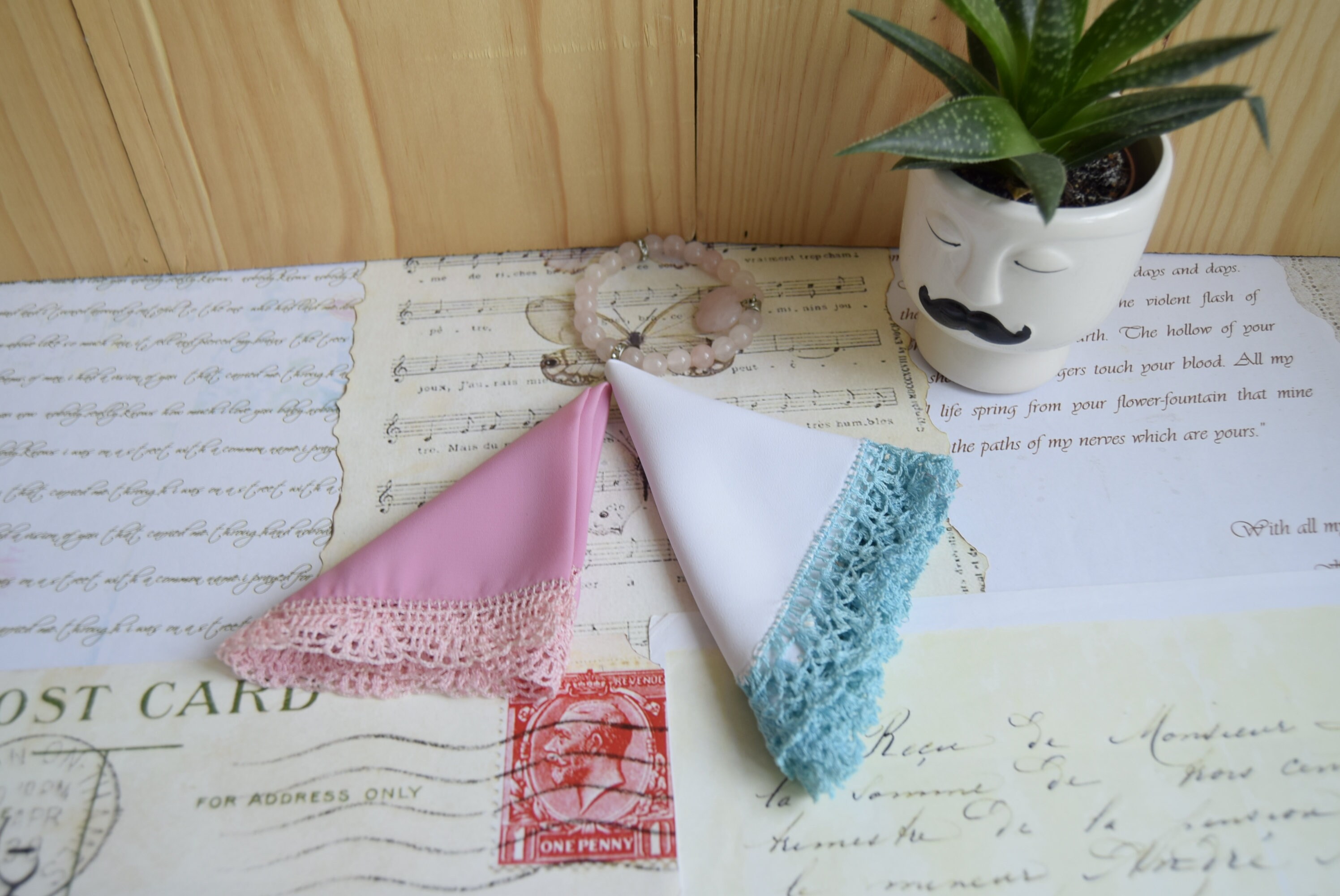 Colored Handkerchiefs,set of 2,hand Knitted Lace,vintage Silk With Lace ...