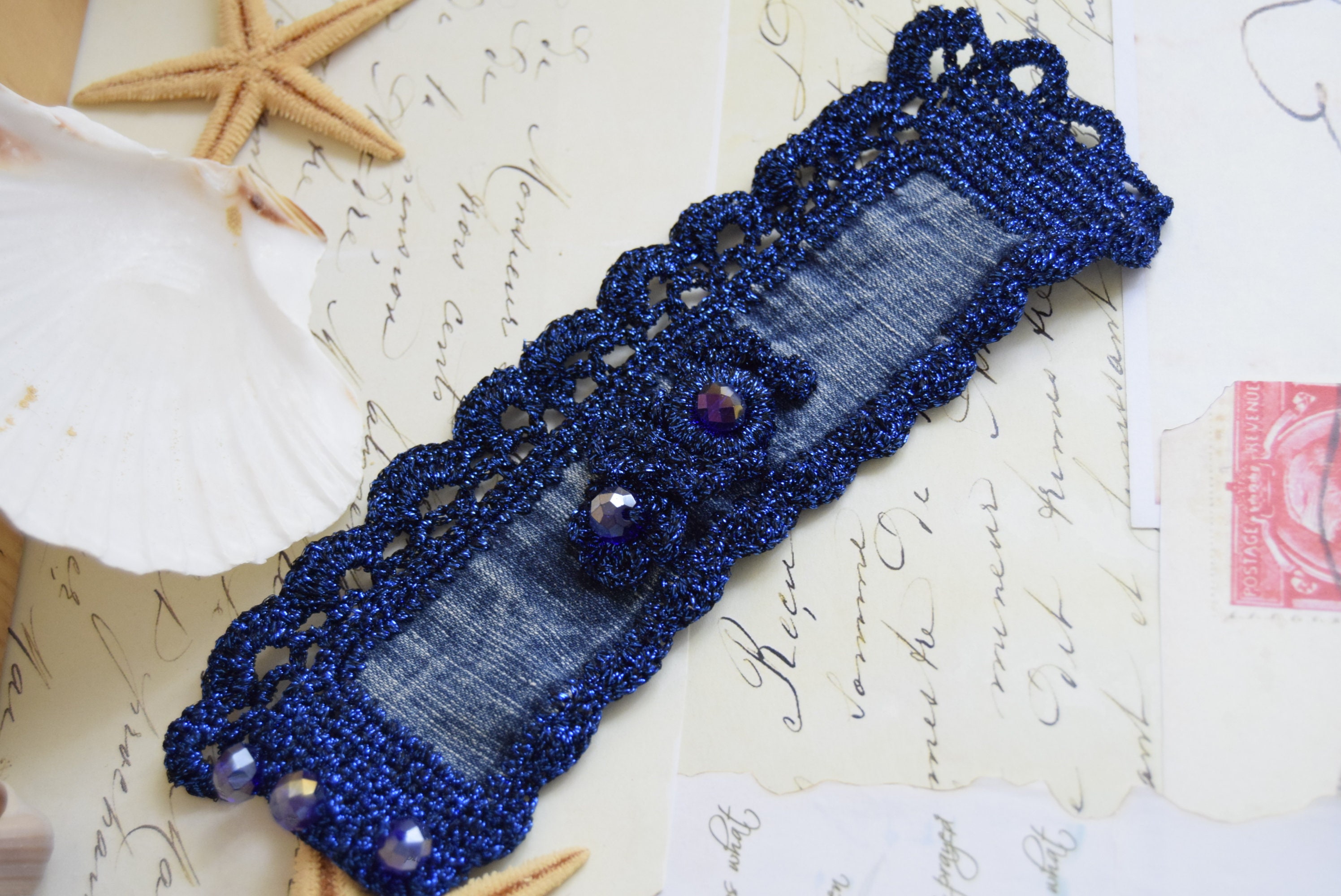 Denim Bracelet,hand Knitted Lace,upcxycled Handmade Denim, Jeans ...