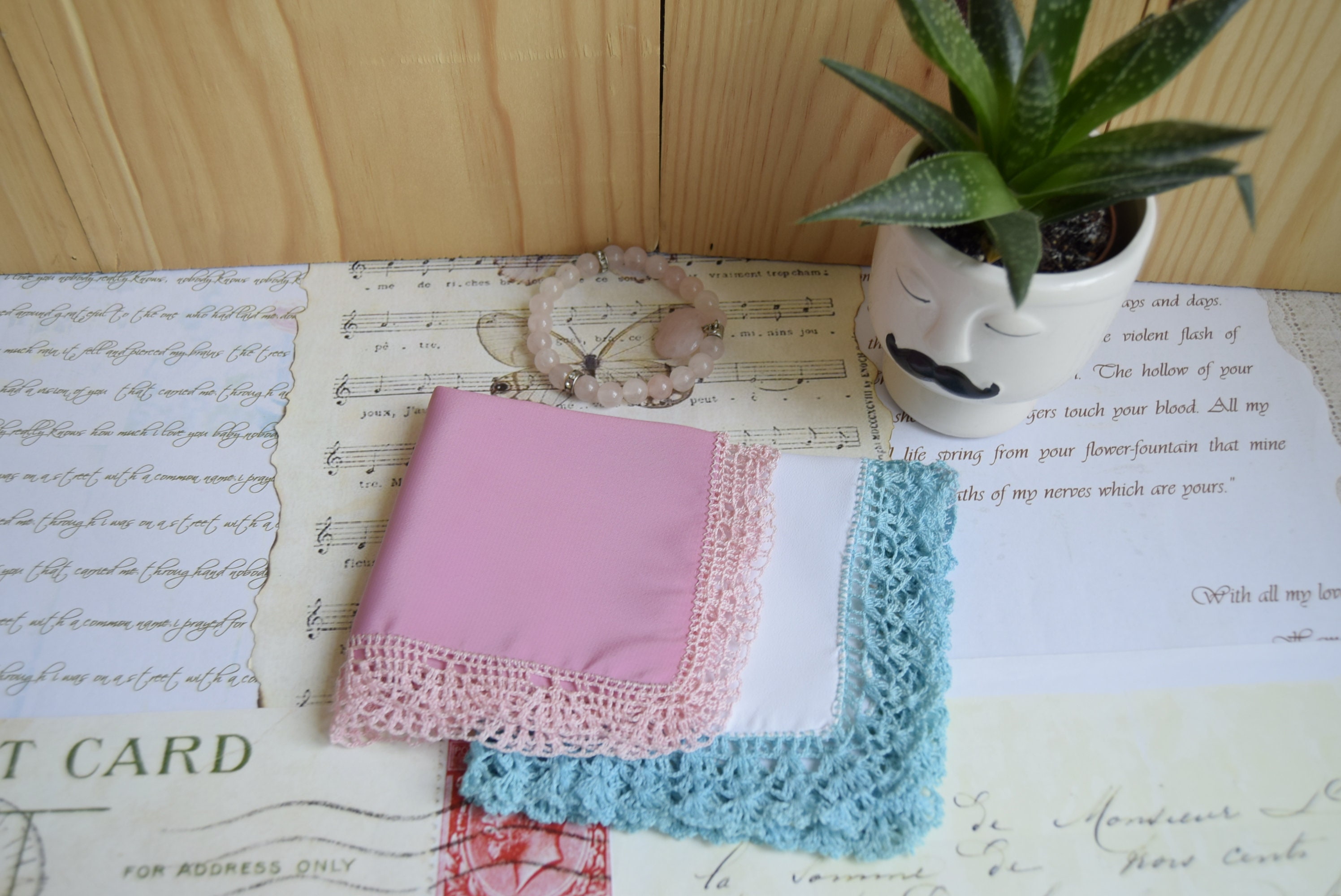 Colored Handkerchiefs,set of 2,hand Knitted Lace,vintage Silk With Lace ...