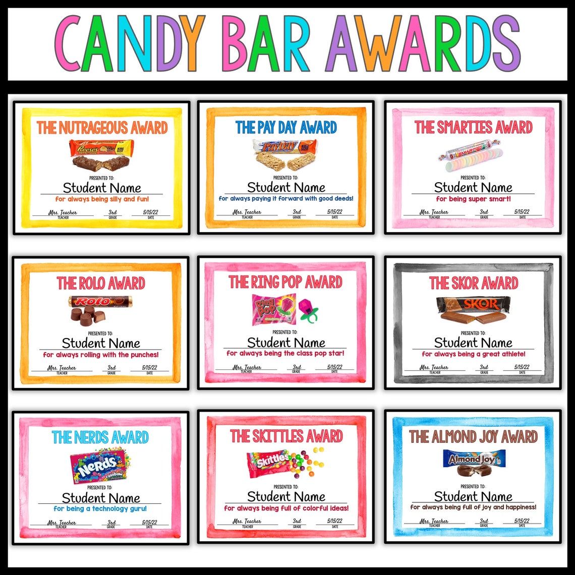 Printable Candy Bar Awards for Students End of Year Class - Etsy UK