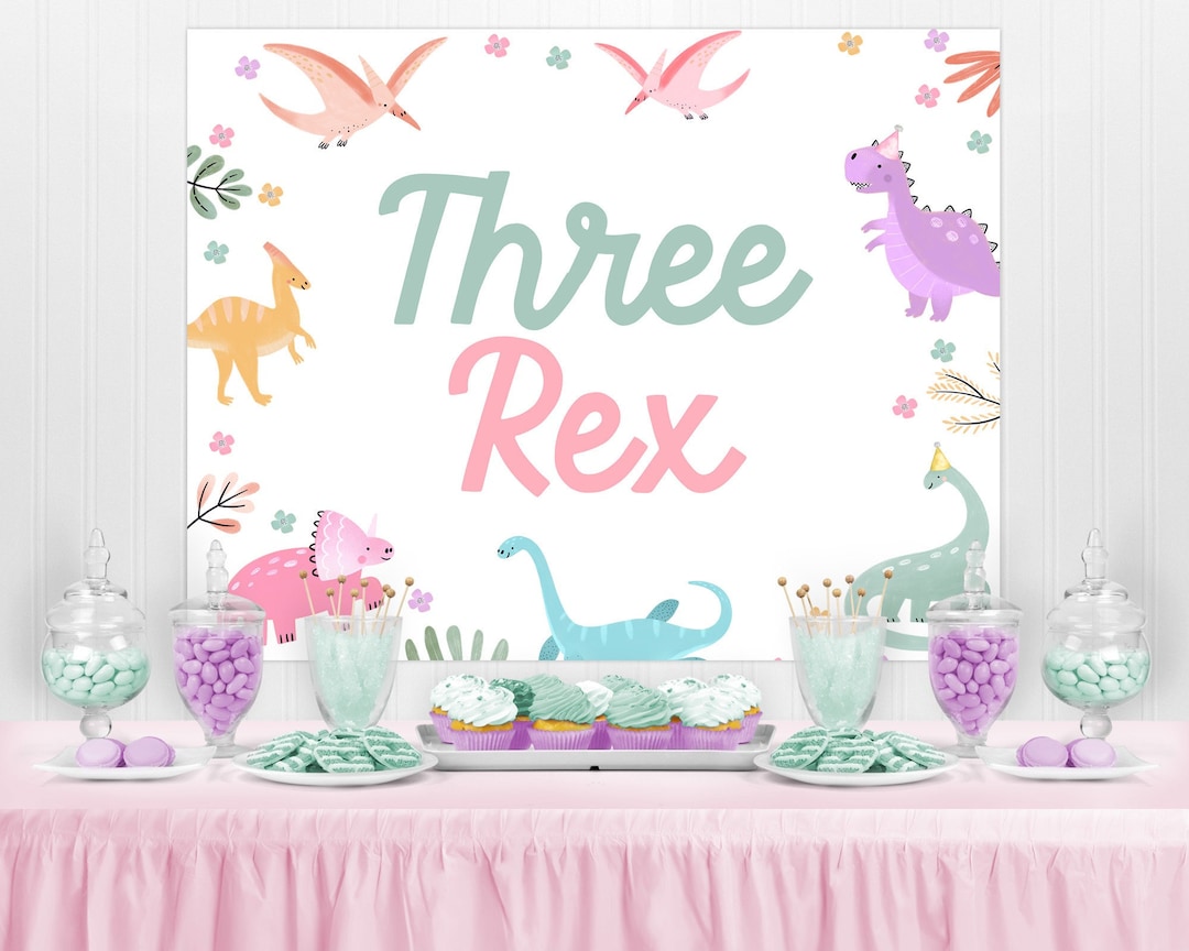 Three Rex Birthday Backdrop, Dinosaur Girl 3rd Birthday Banner, 3 Rex ...