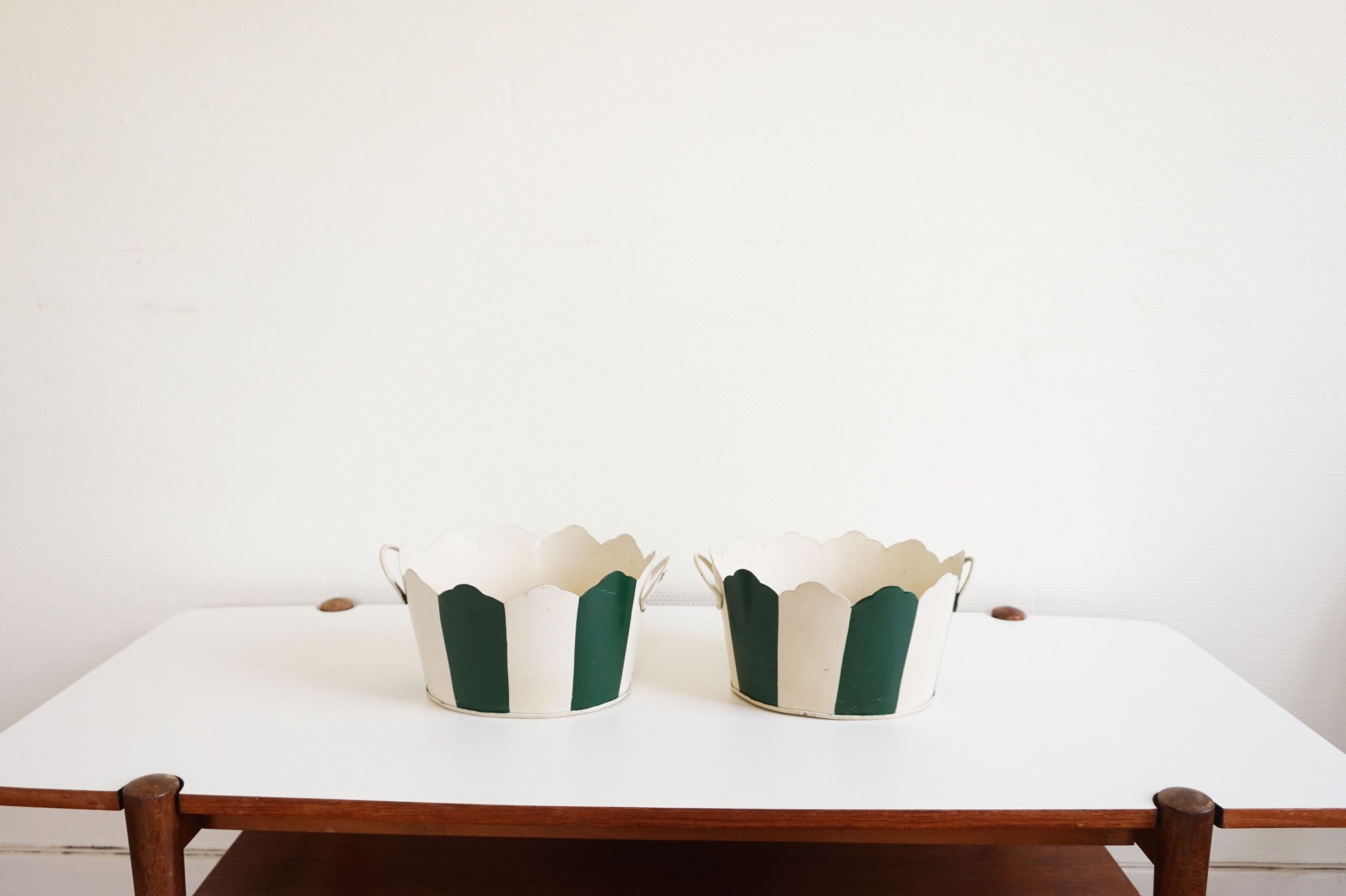 Both green and white striped vintage metal pot covers