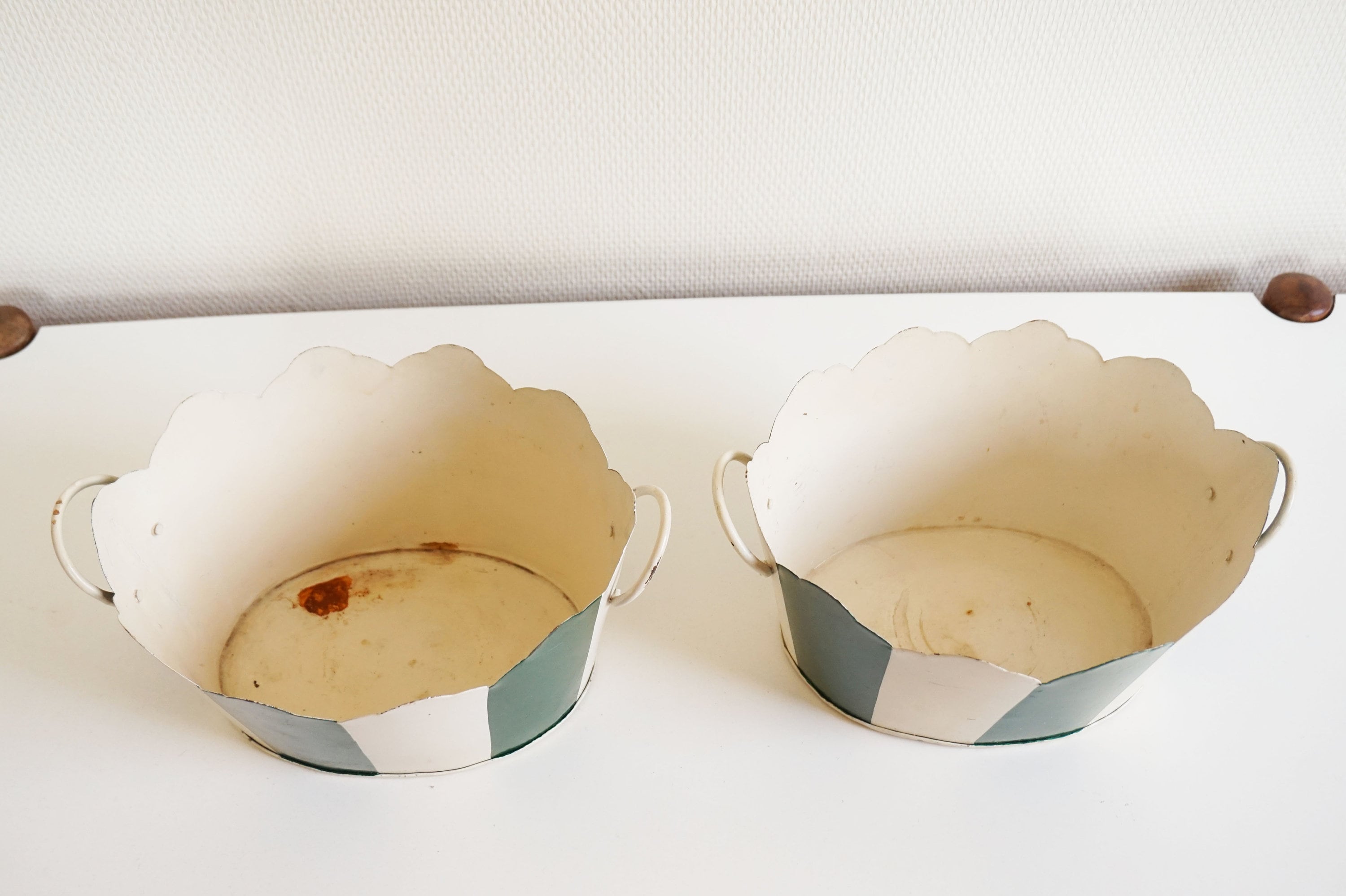 Both green and white striped vintage metal pot covers