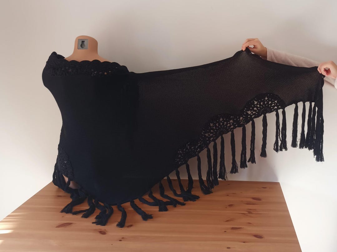Vintage Large Black Triangle Shawl With Fringes Cotton Knit Boho ...
