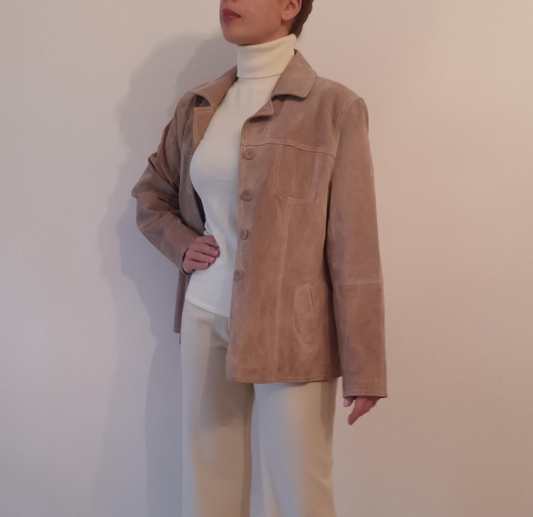Vintage Women Light Beige Suede Jacket Size L Ecru Suede Leather Blazer ...
