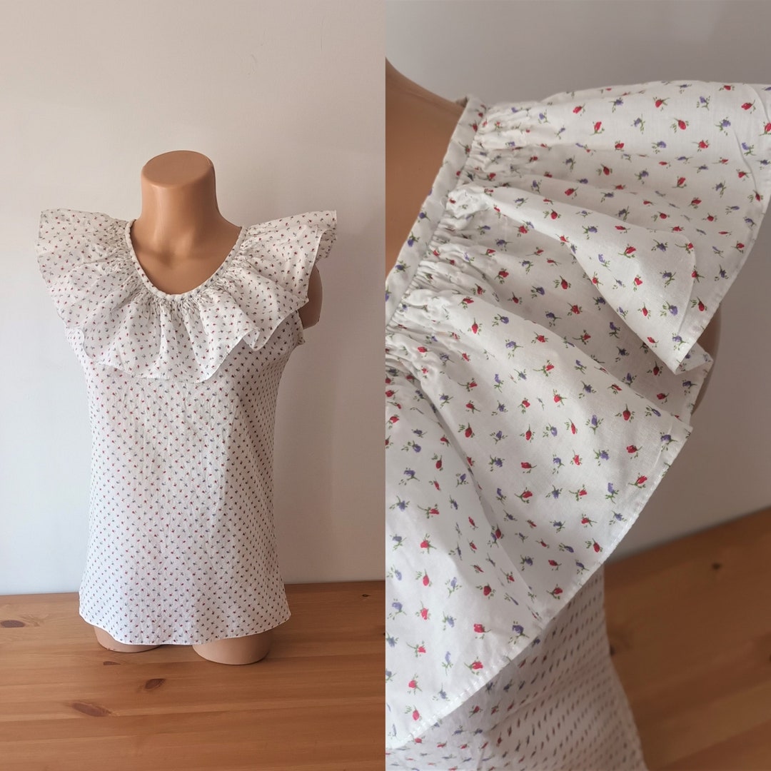 Vintage Women White Floral Cotton Ruffle Collar Top Size XXS/XS Blue ...