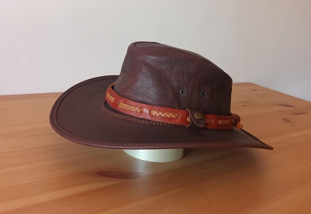 Vintage Brown Leather Cowboy Hat Size M Western Brown Leather Hat ...