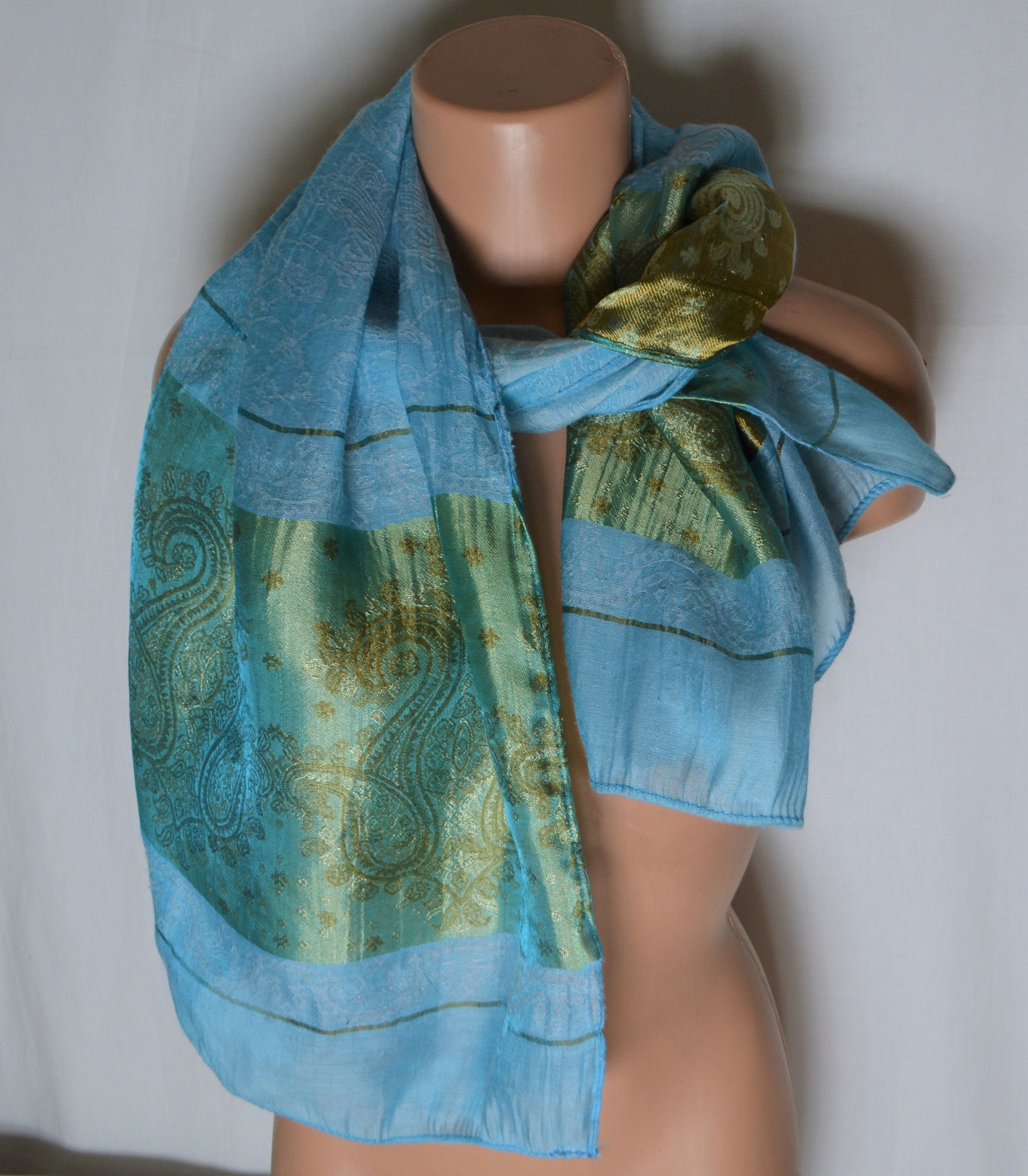 Silk Turquoise Scarf Women Long Blue Turquoise Silk Scarf Paisley Silk ...