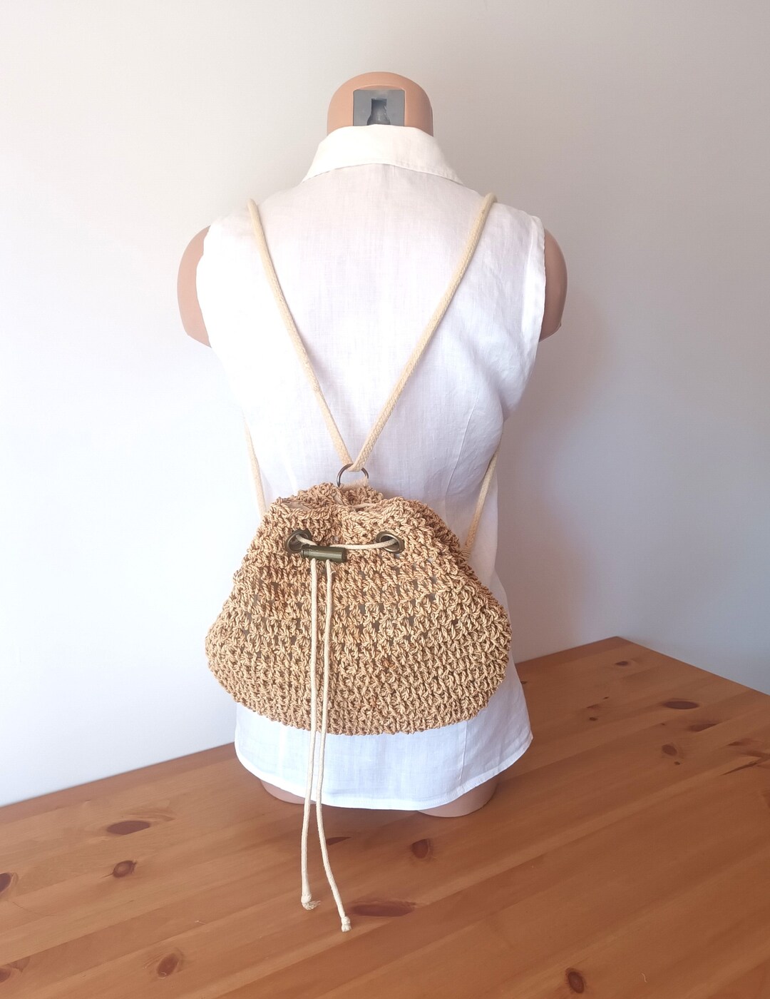 Vintage Straw Backpack Beige Straw Woven Bucket Backpack Bag Small Real ...