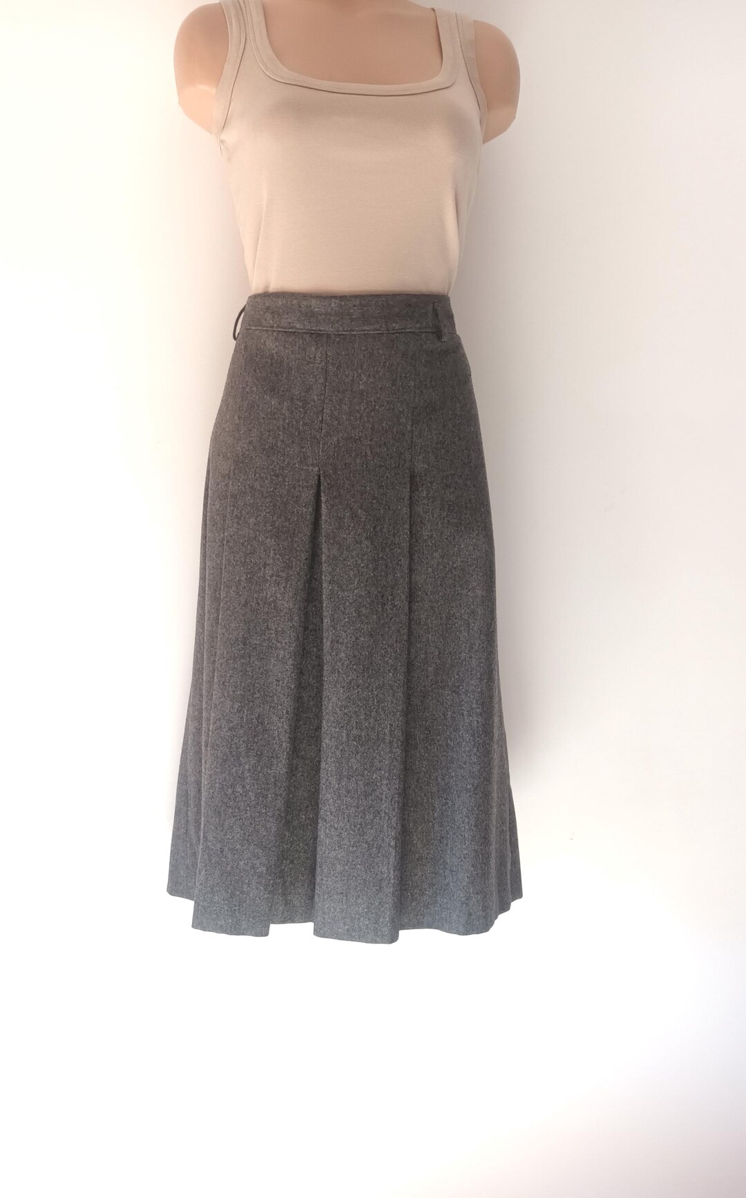 Vintage Women Gray Wool Pleated Midi Skirt Size L Classic Solid Gray ...