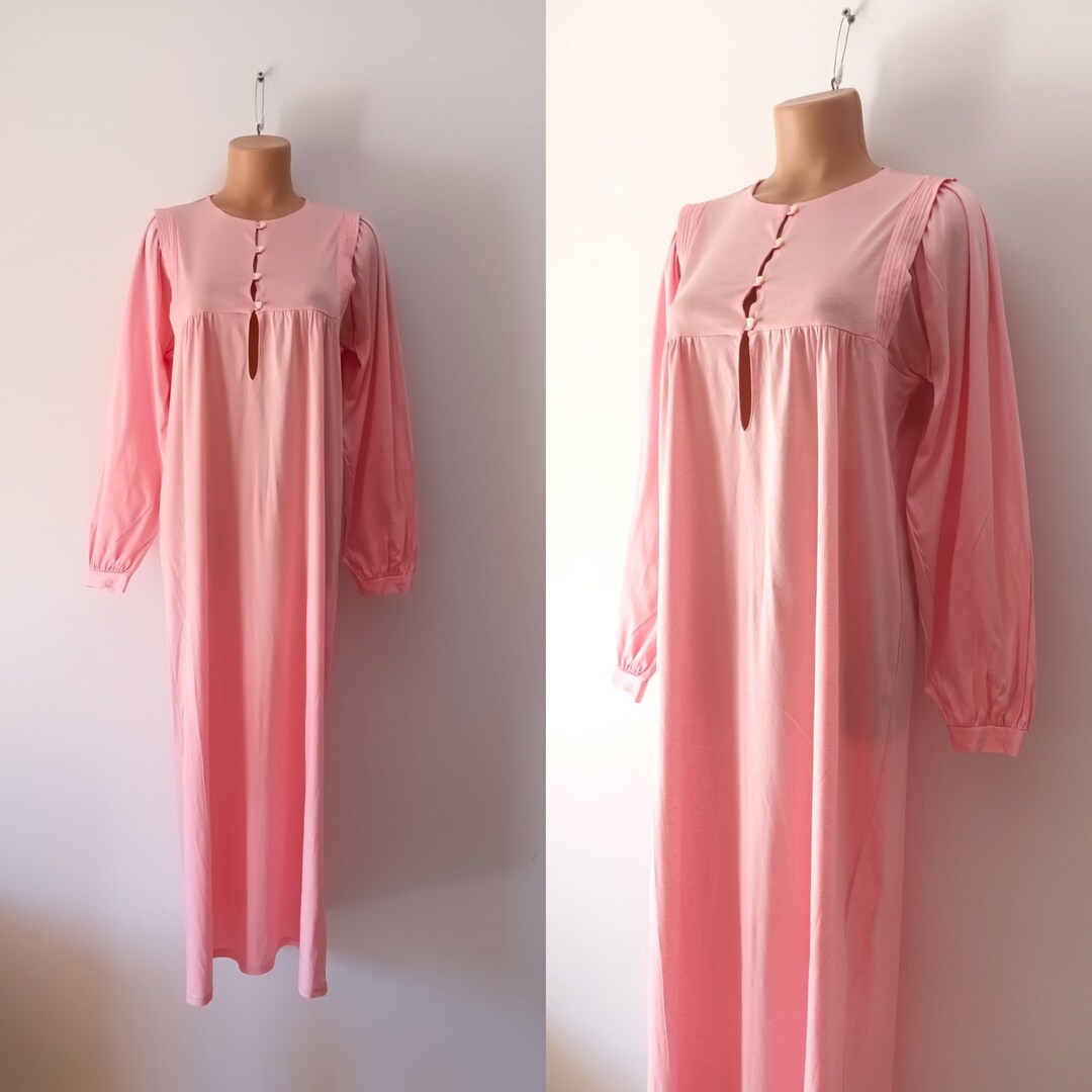 Vintage Women Pink Cotton Long Nightgown Size S Long Sleeve Pink Maxi ...