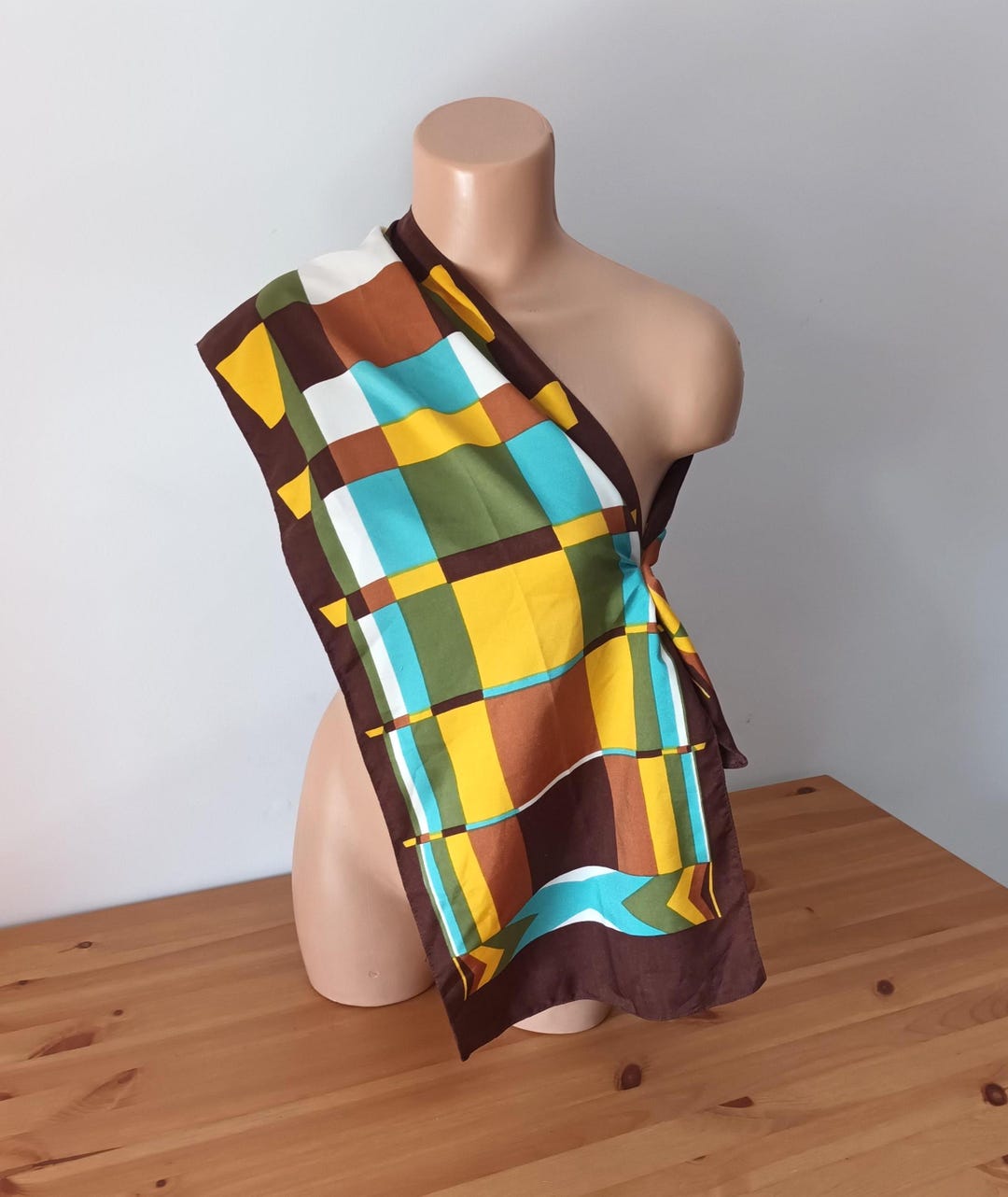 Vintage Brown Yellow Green Satin Long Scarf Geometric Brown Green Scarf ...