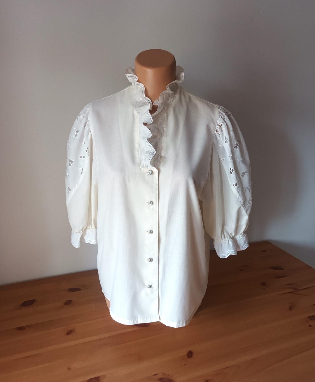 Vintage Women Cream Dirndl Shirt Size M/40 Ecru Ruffle Collar Cotton ...