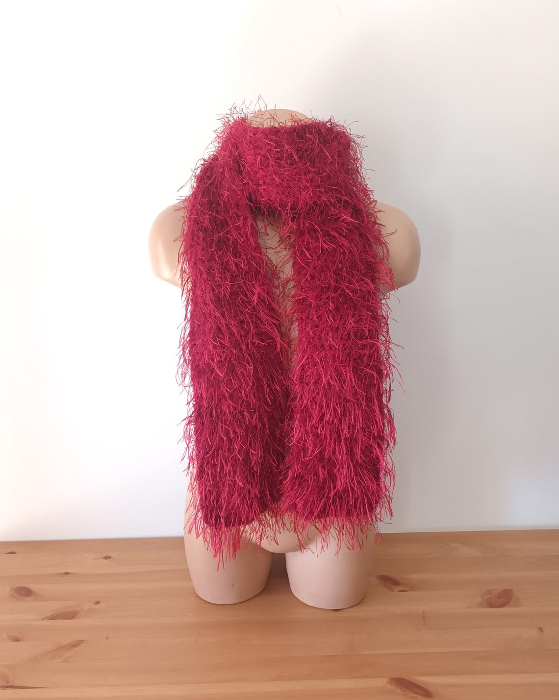 Vintage Burgundy Fluffy Scarf Long Deep Red Solid Faux Fur Scarf Fuzzy ...