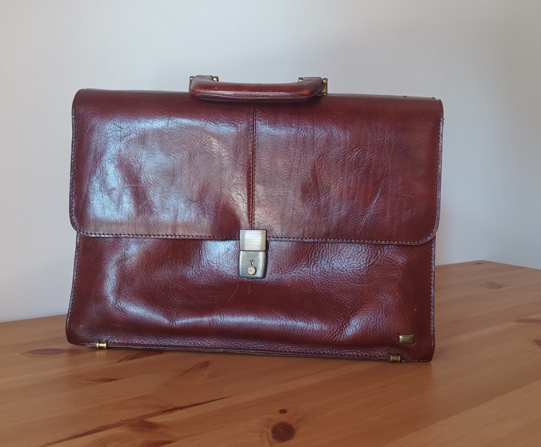 Vintage Men Red Brown Leather Briefcase Gold Metal Kiss Lock Business ...