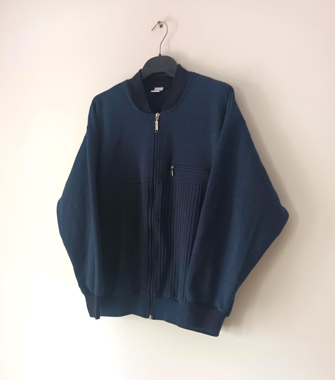 Vintage Men Blue Wool Blend Zipped Cardigan Size L Navy Blue Wool ...