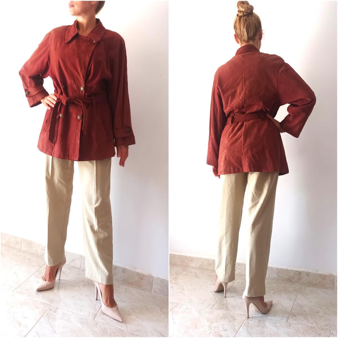 Vintage Women Terracotta Suede Jacket Size M Brick Suede Leather Belted ...