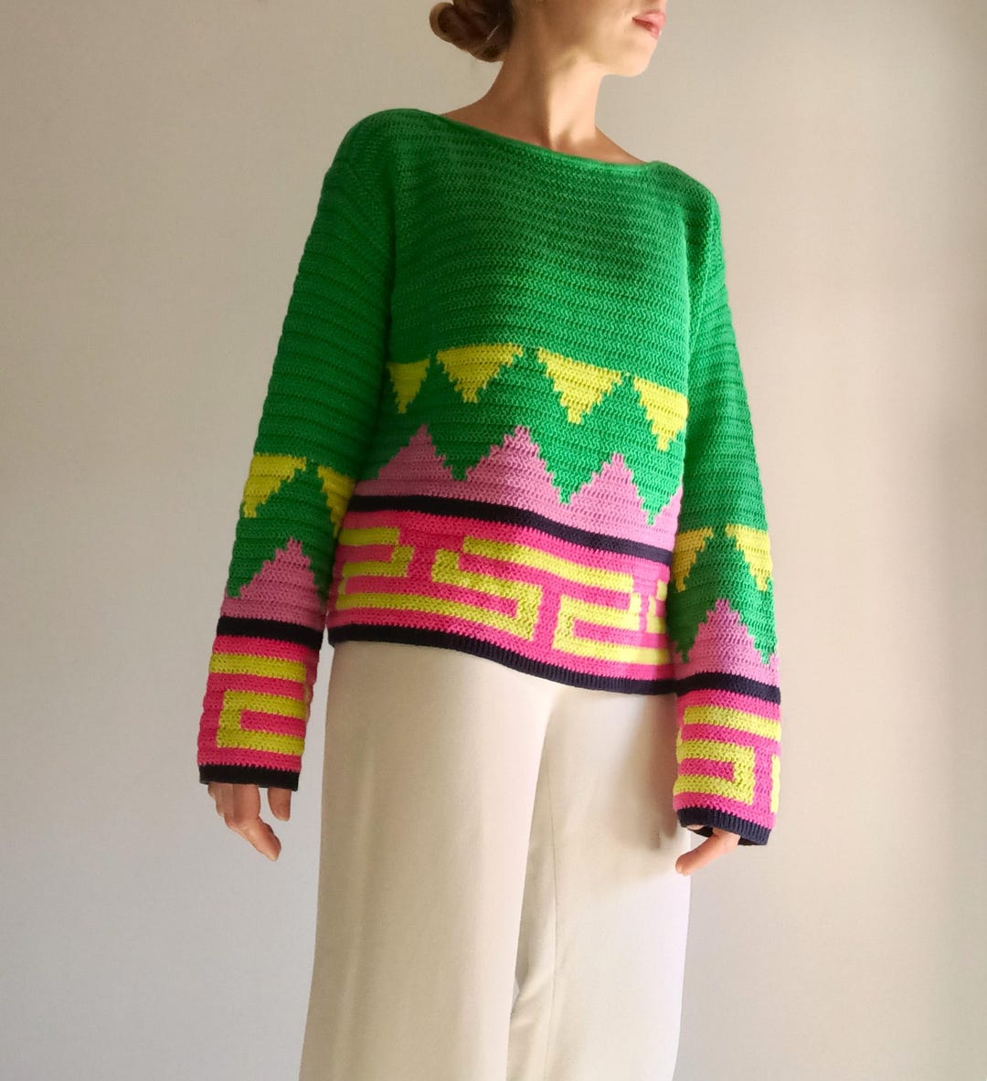 Vintage Womens Green Pink Cotton Knit Sweater Size M Yellow Pink ...