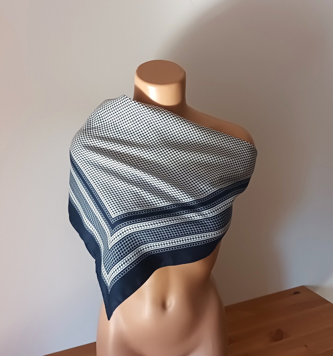Vintage Women Navy Blue White Scarf Square Geometric Print Neck Scarf ...