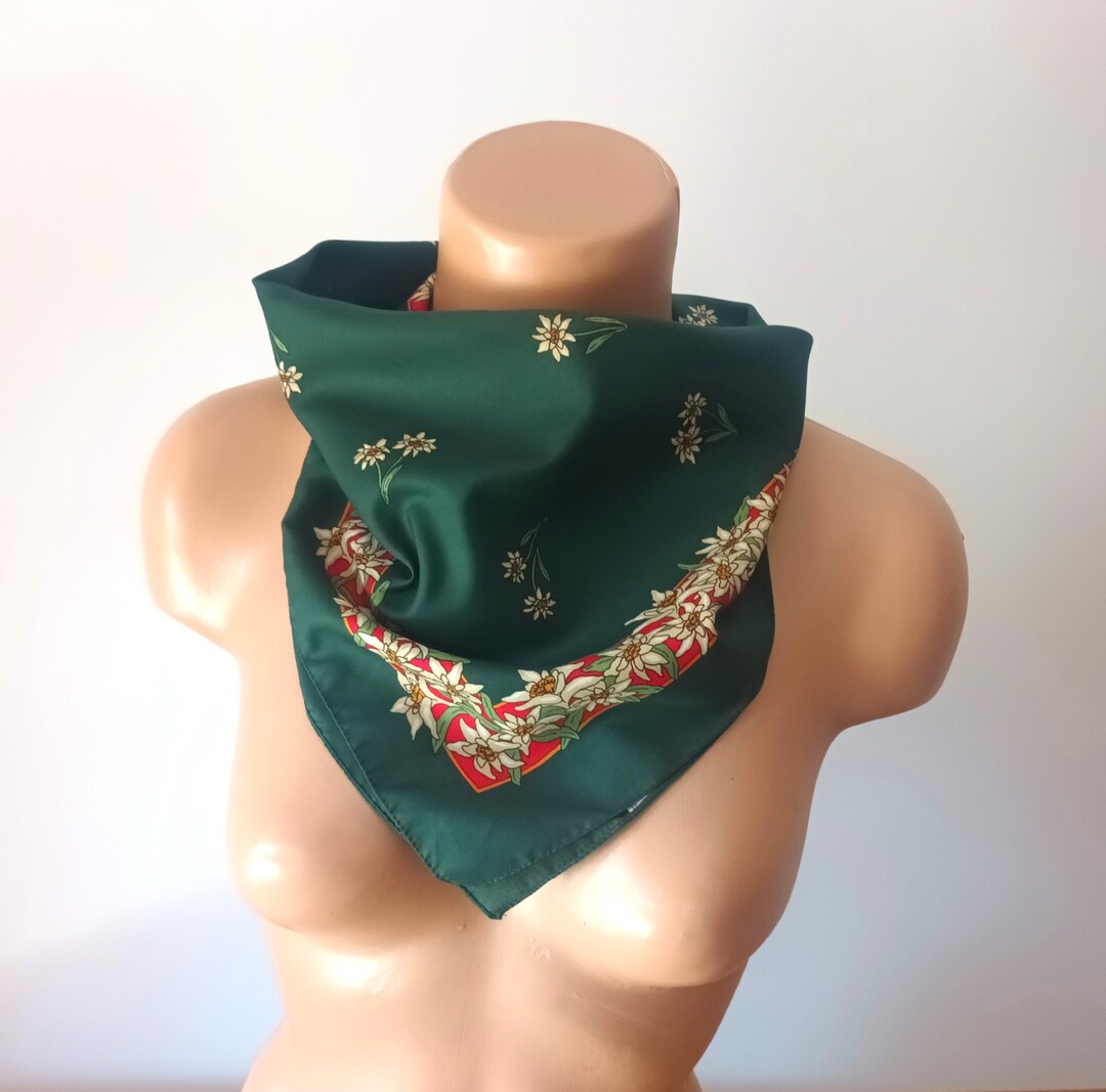 Vintage Dirndl Green Floral Bandana Satin Green Red White Yellow ...