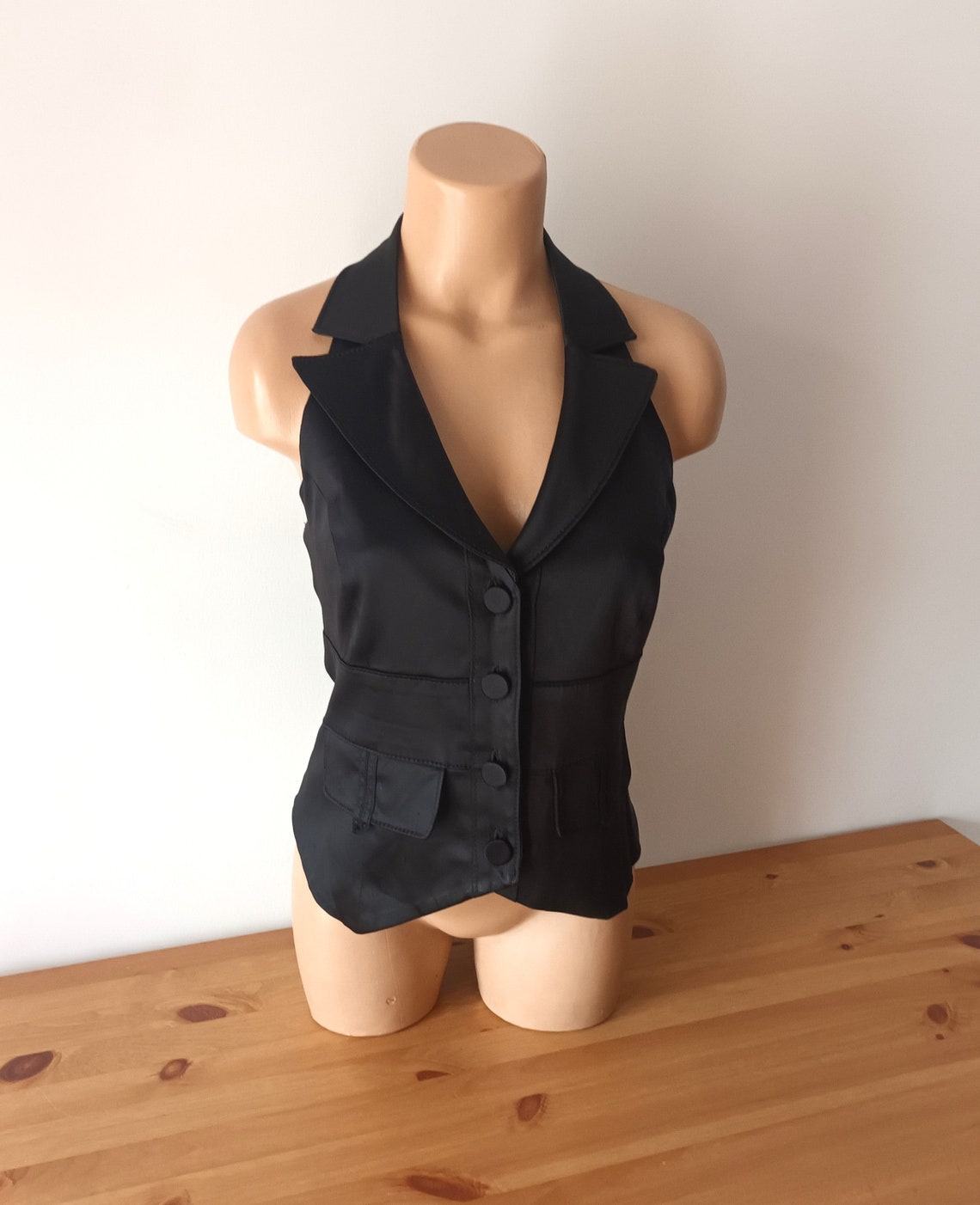 Vintage Women Black Satin Vest Size S Corset Satin Vest Sleeveless Crop ...