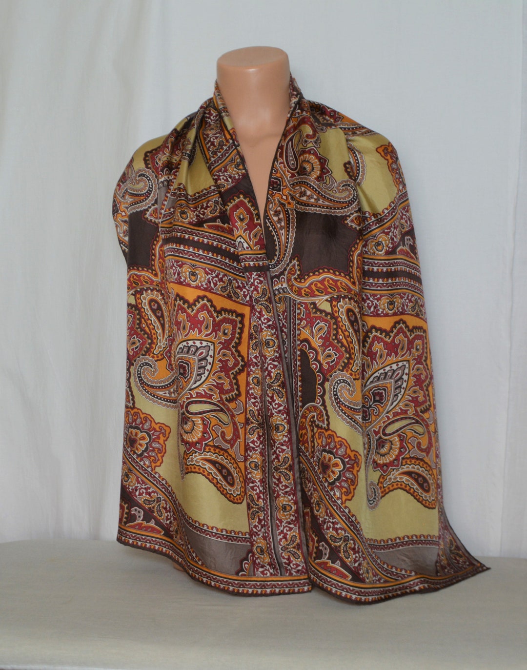 Codello Long Silk Paisley Print Scarf Burgundy Brown Orange Beige ...