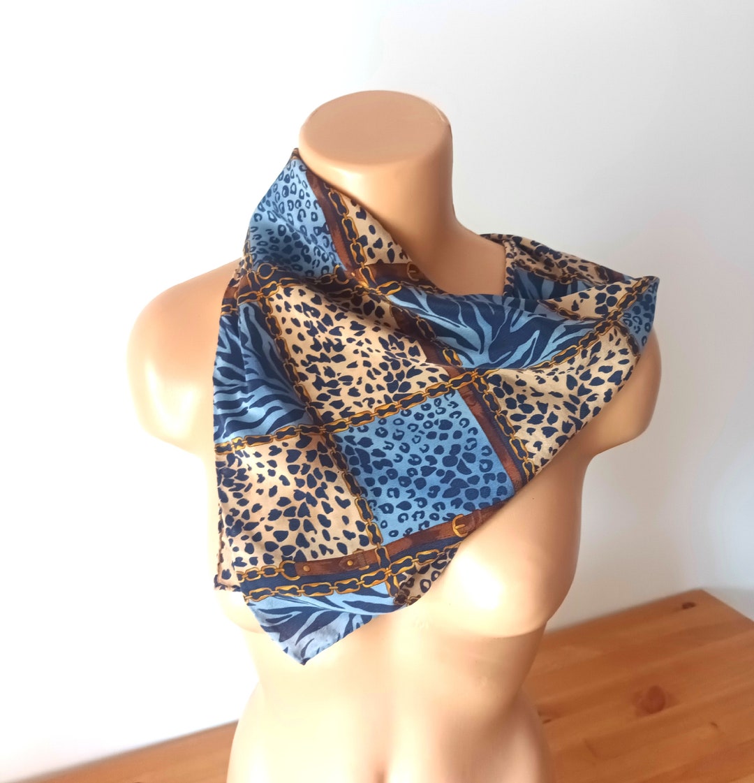 Vintage Silk Square Scarf Silk Small Bandana Beige Brown Blue Silk ...