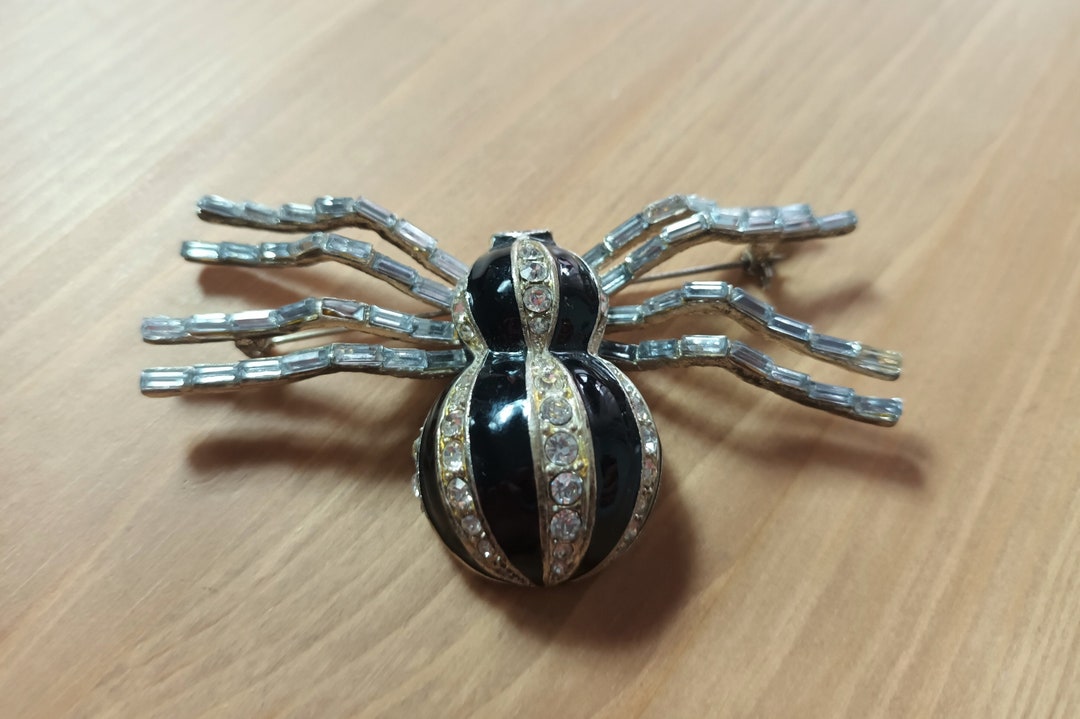 Vintage Enamel Black Spider Brooch With Rhinestones Silver Tone Large ...
