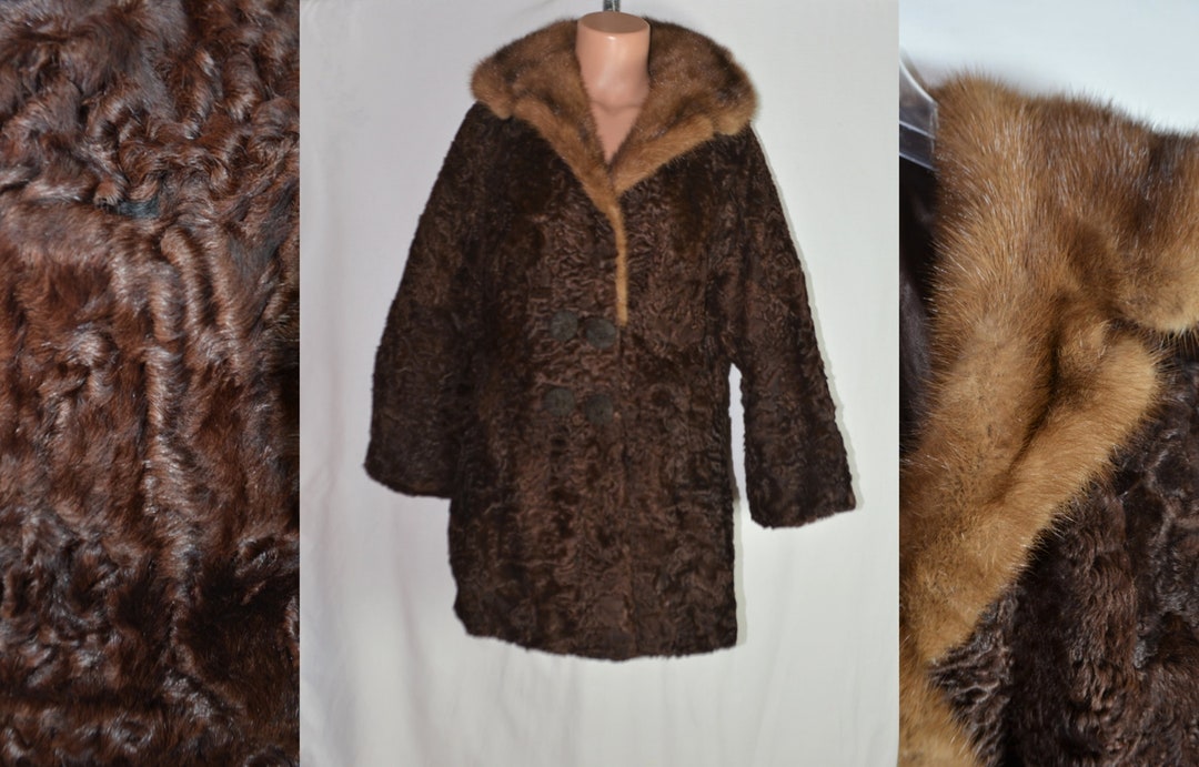 Kendal Milne 60's Vintage Women Karakul Fur Coat Size M Dark Brown Real ...