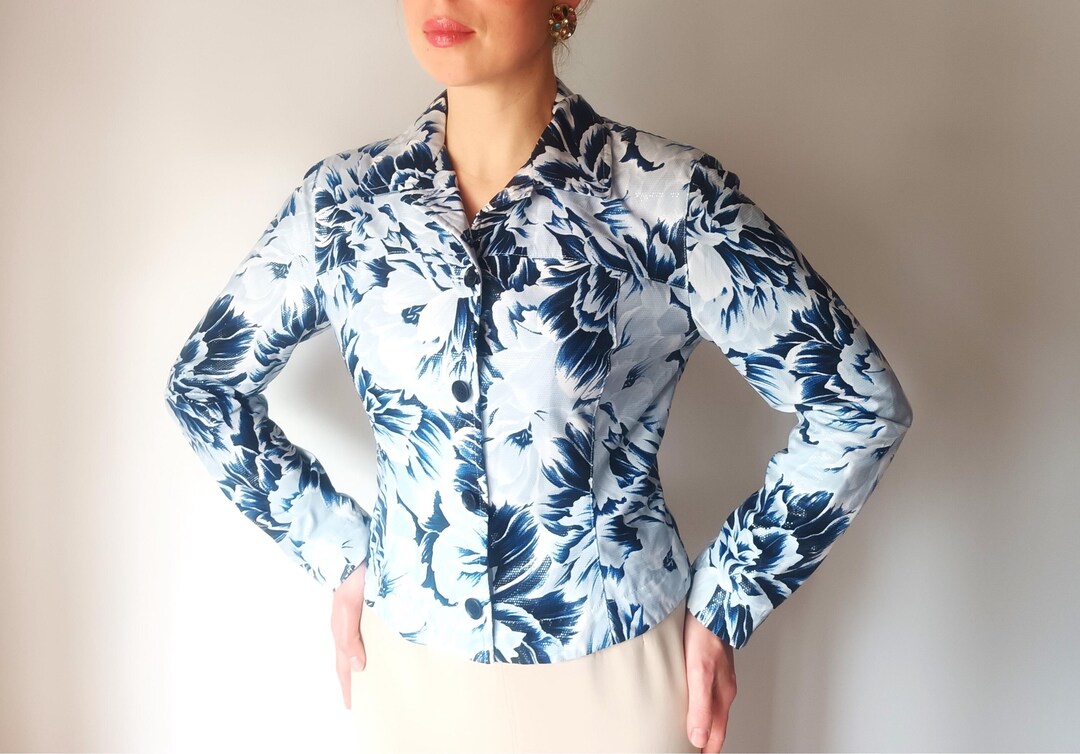 Vintage Women Blue Floral Jacket Size XS/36 Flaral Blue Light Blue Long ...
