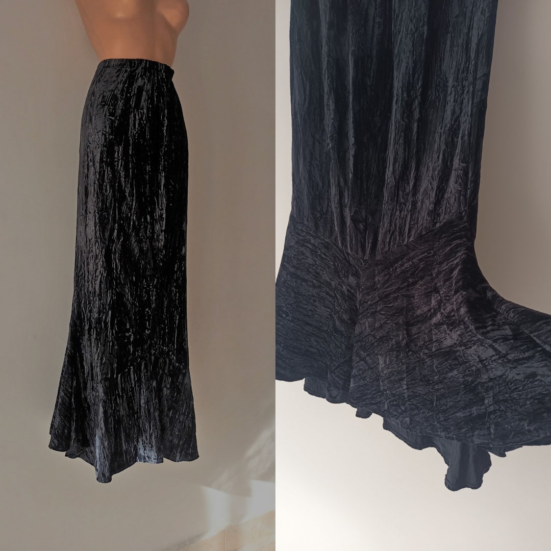Vintage Women Black Velvet Maxi Skirt Size L Black Velour Maxi Mermaid ...