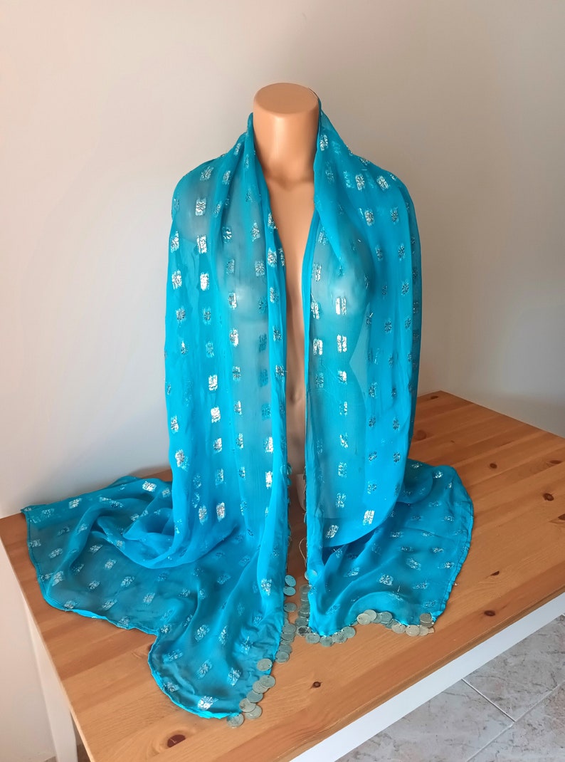 Vintage Turquoise Blue Sheer Lurex Long Coin Scarf Oriental Hip Scarf ...