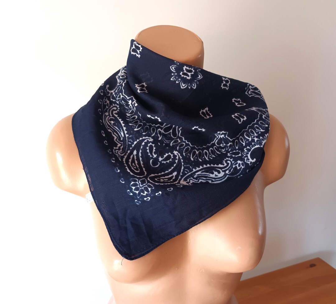 Vintage Navy Blue Cotton Bandana Paisley Print Bandana Dark Blue White ...