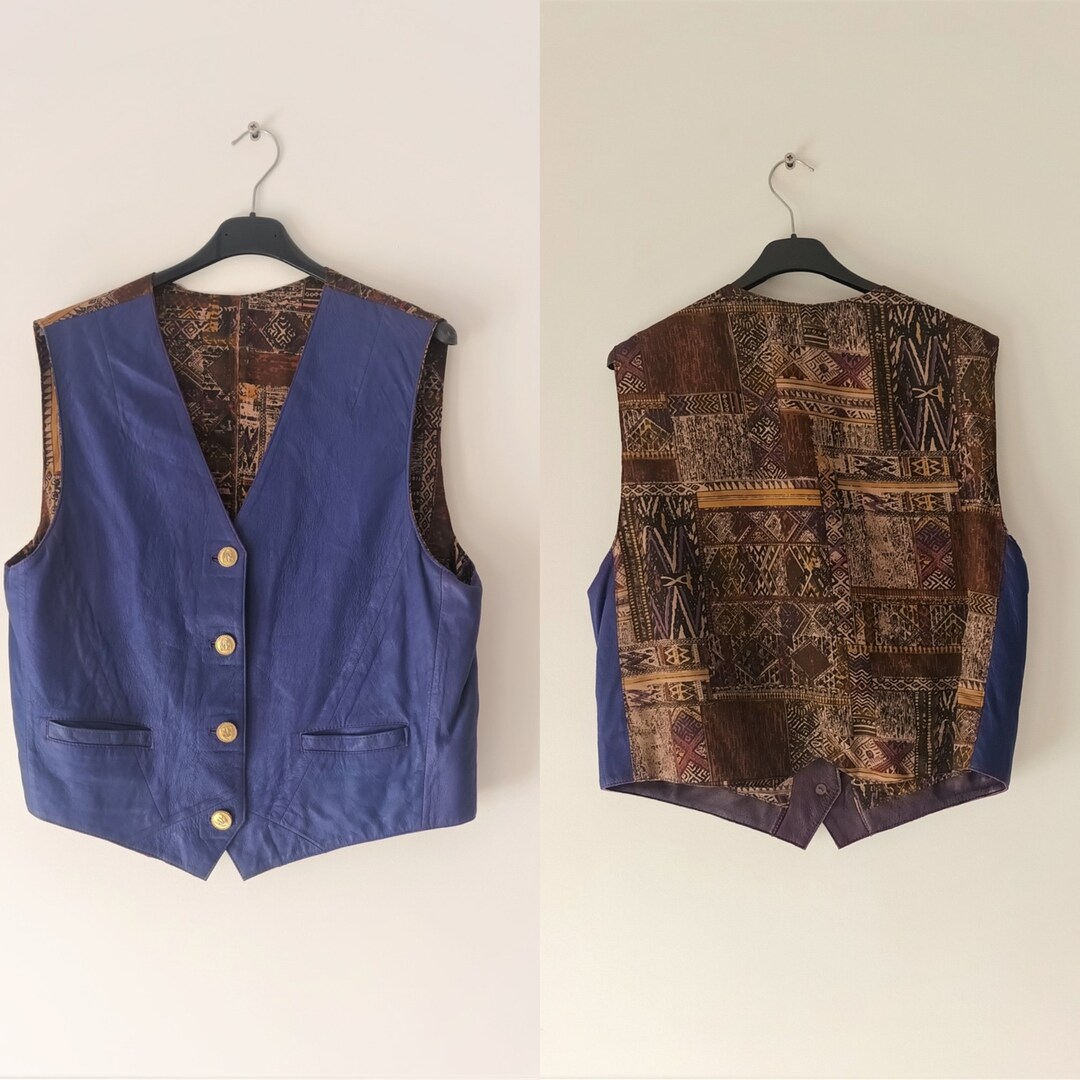 Vintage Women Purple Blue Leather Vest Size L Abstract Leather ...