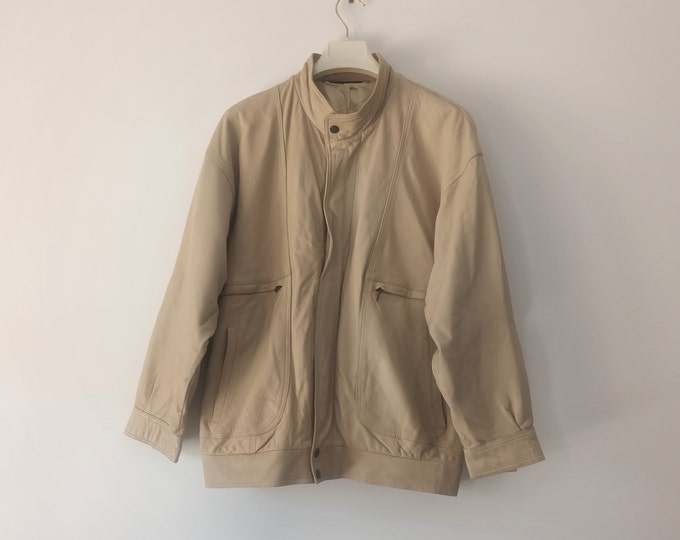 Vintage Men's Leather Light Beige Jacket Size M/50 Ecru Genuine Leather ...