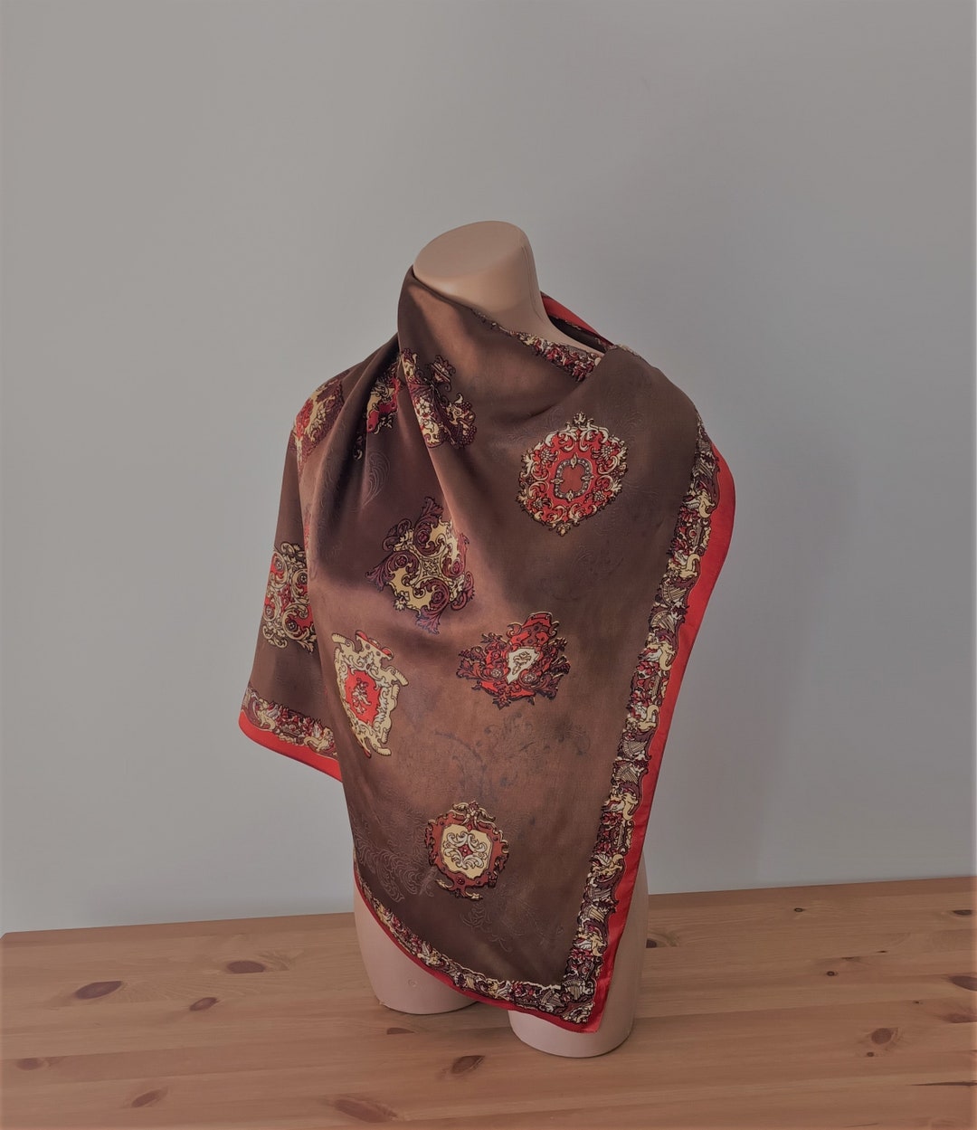 Vintage Brown Red Scarf Baroque Print Scarf Satin Square Scarf Brown ...