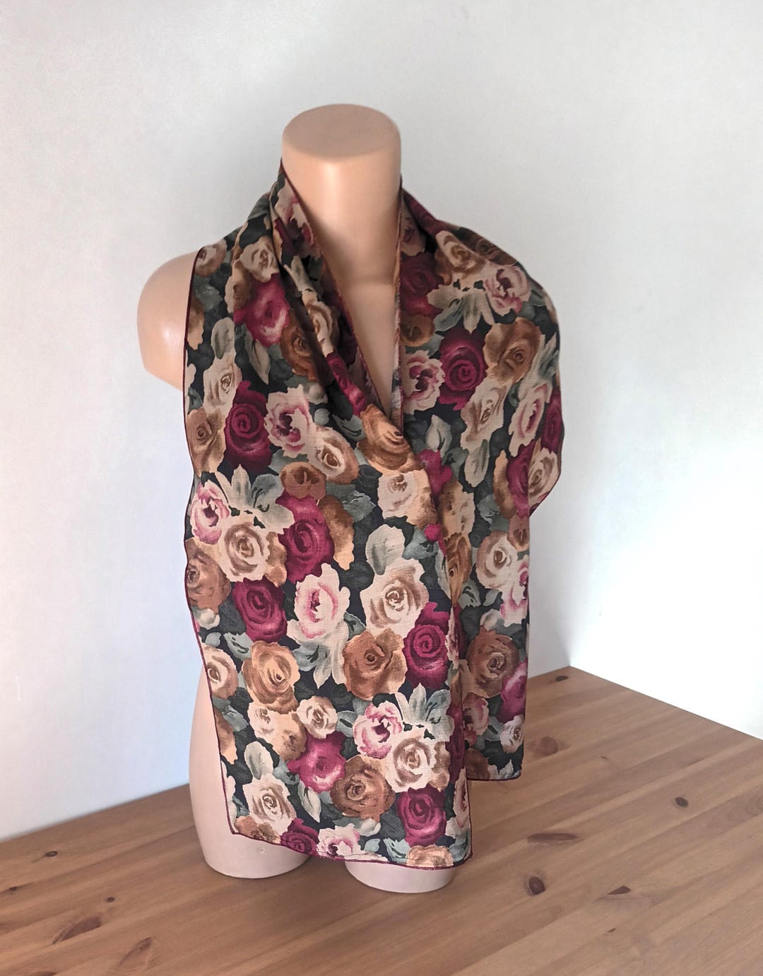 Vintage Women Roses Pattern Long Scarf Burgundy Beige Green Brown Pink ...